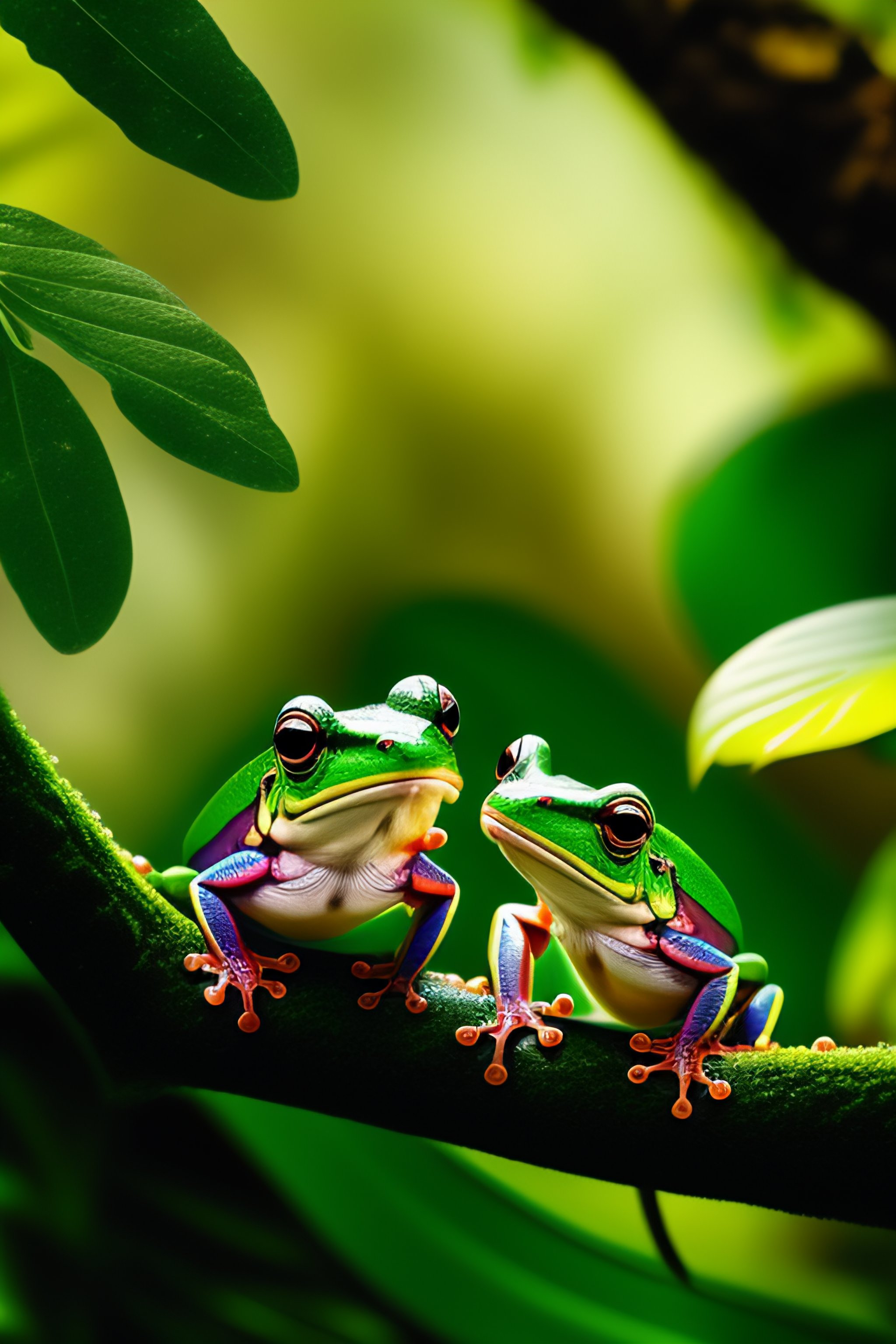 Lexica - Tree frogs hanging out in a tropical rainforest canopy.
