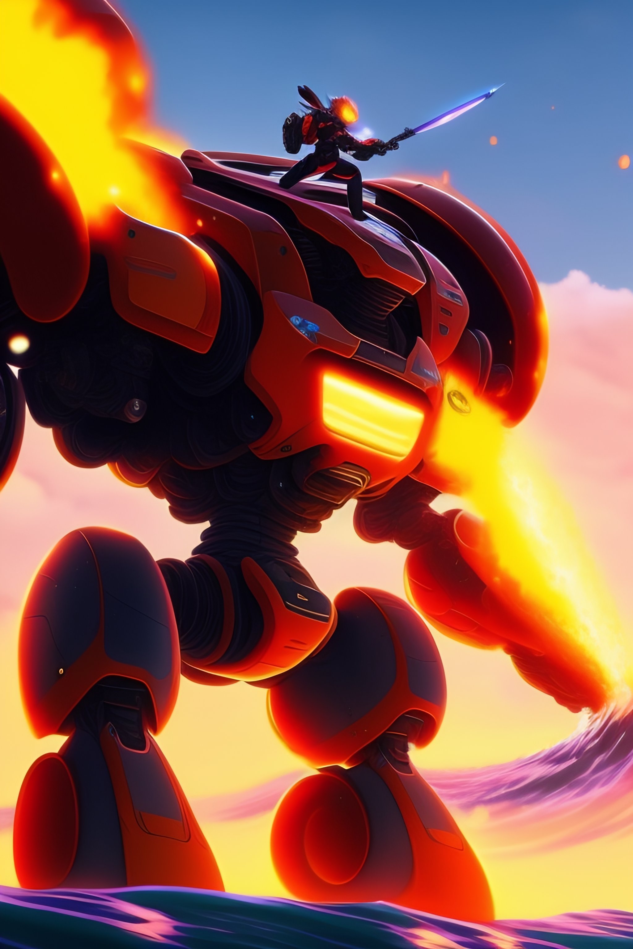 Lexica - Mecha surfing lava in an anime style