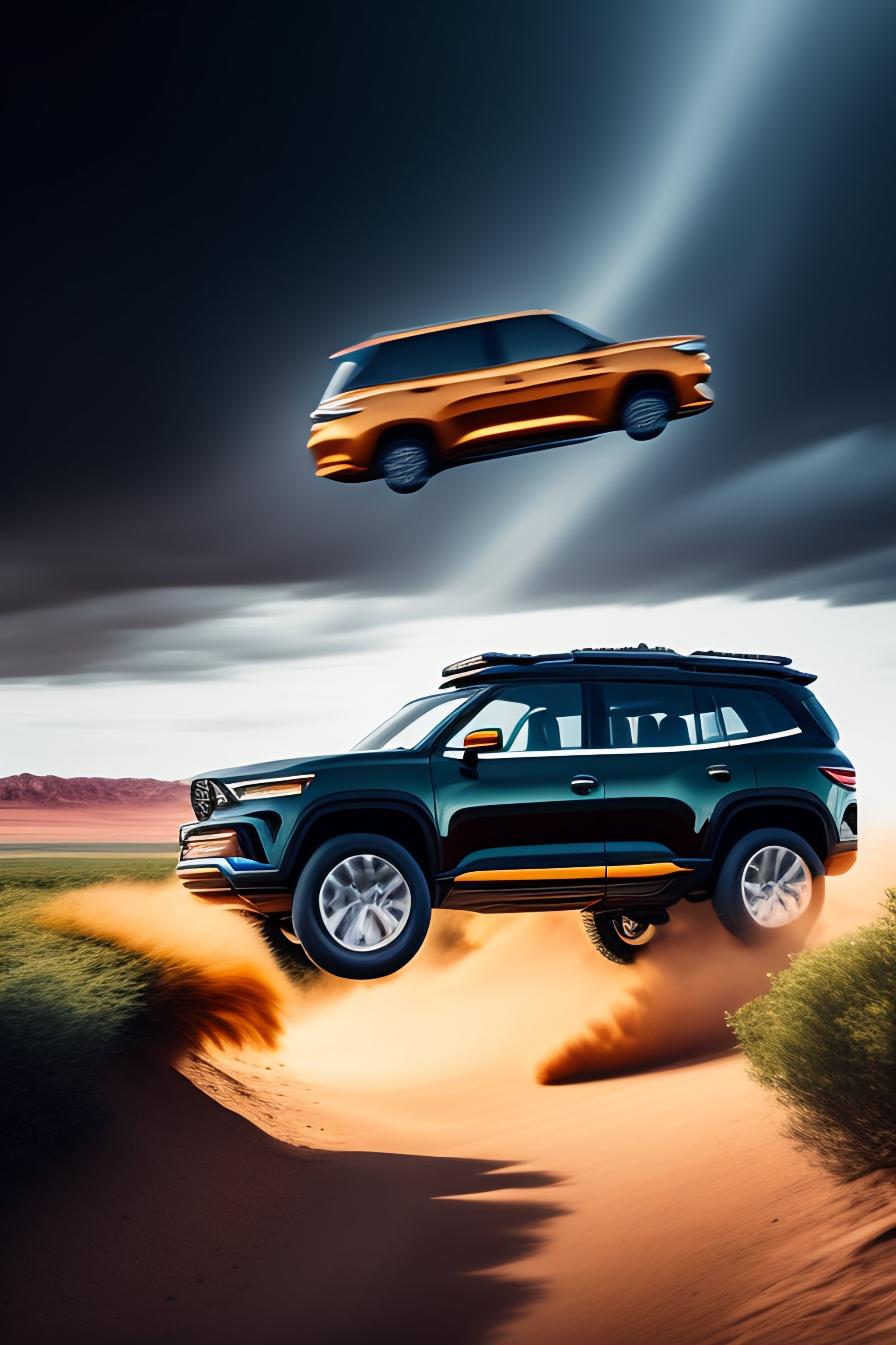 Lexica - A flying SUV passing trough a metropolitan area