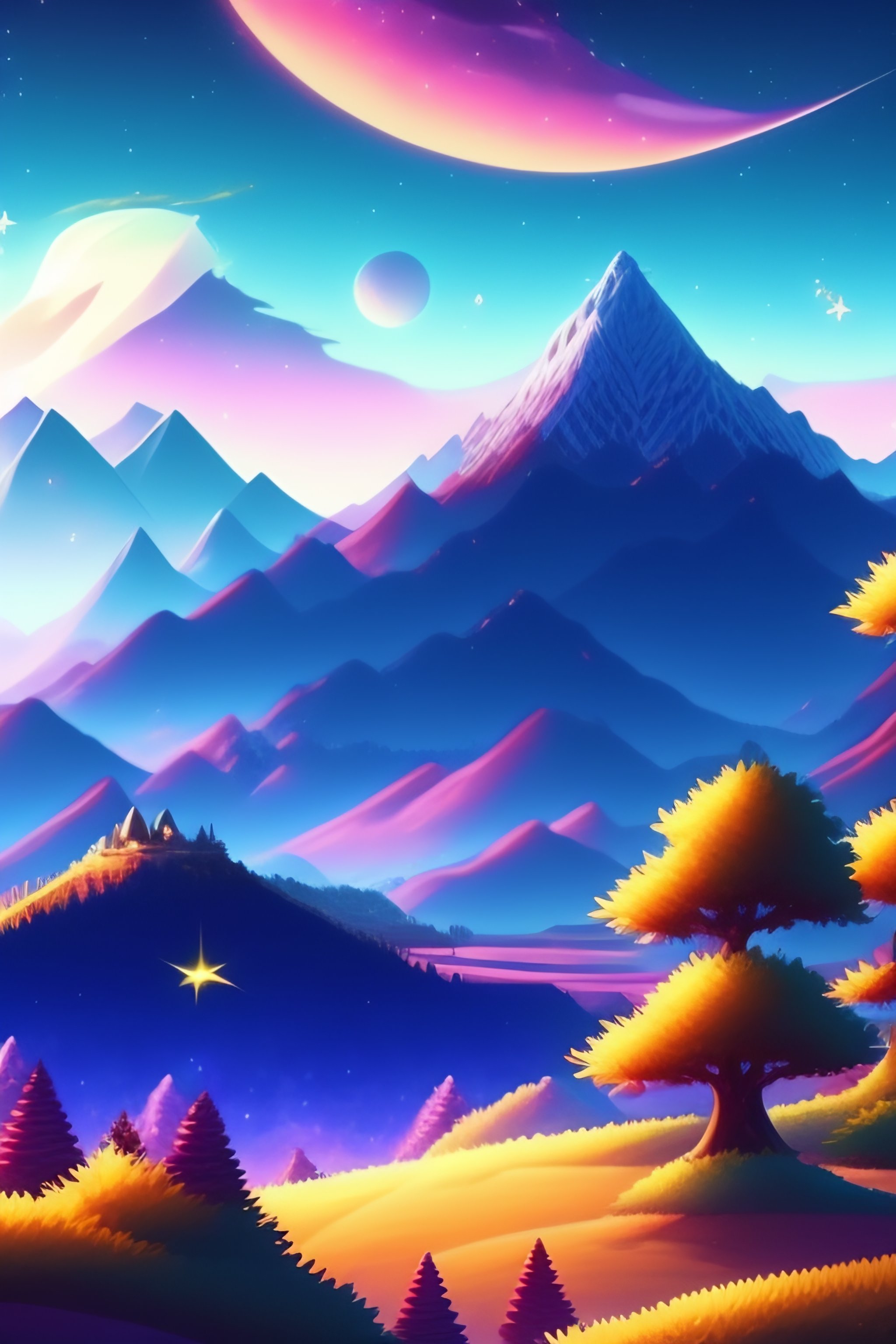 Lexica - Starry sky mountain background decorations with a few trees in ...