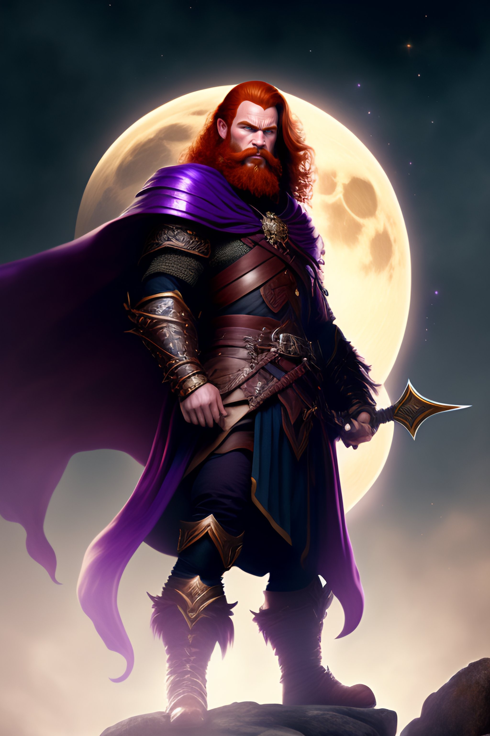 Lexica - A redhead fantasy dwarf, manly face, wearing very dark purple ...