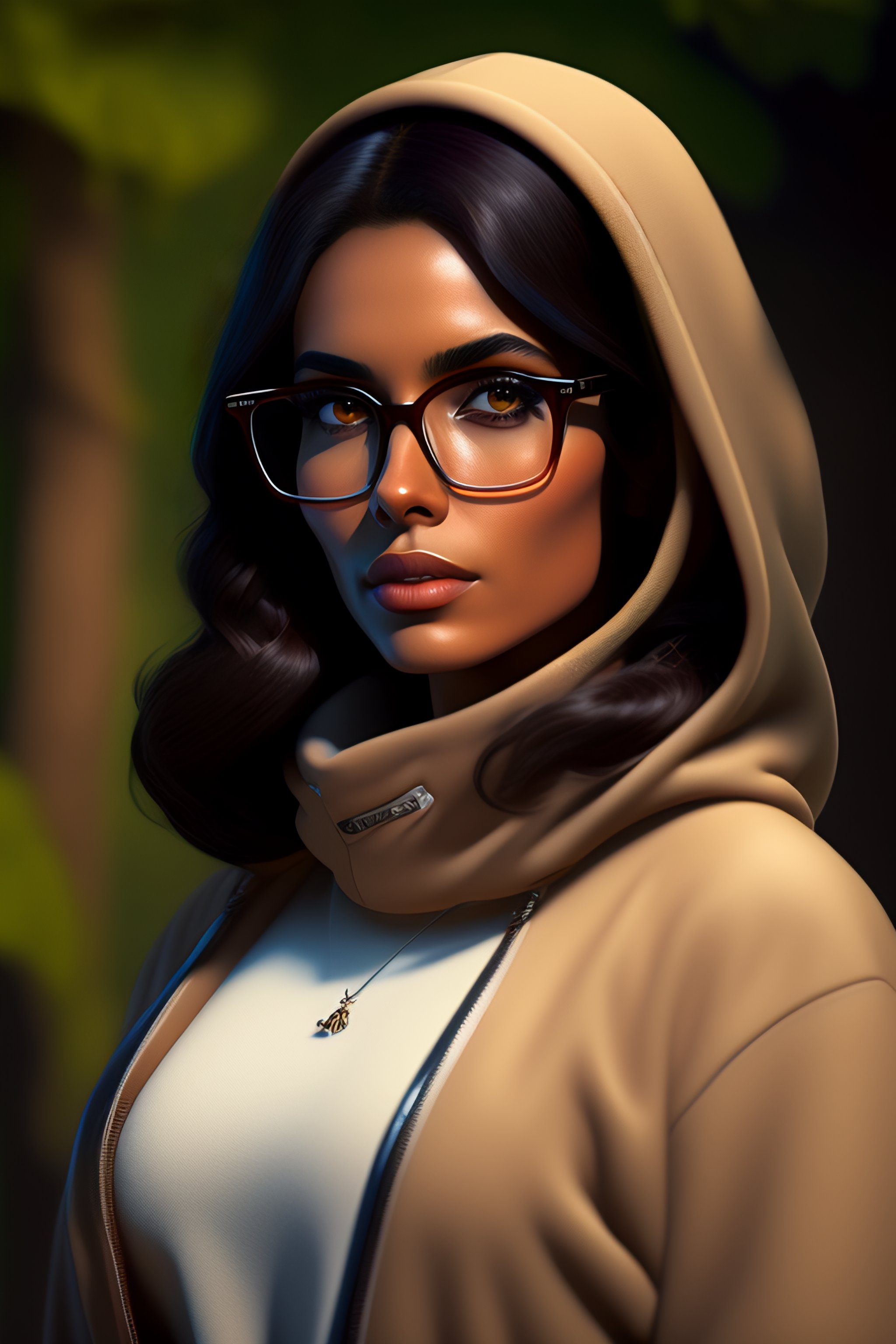 Lexica - Amina's character with big glasses, dark brown, long dark hair ...