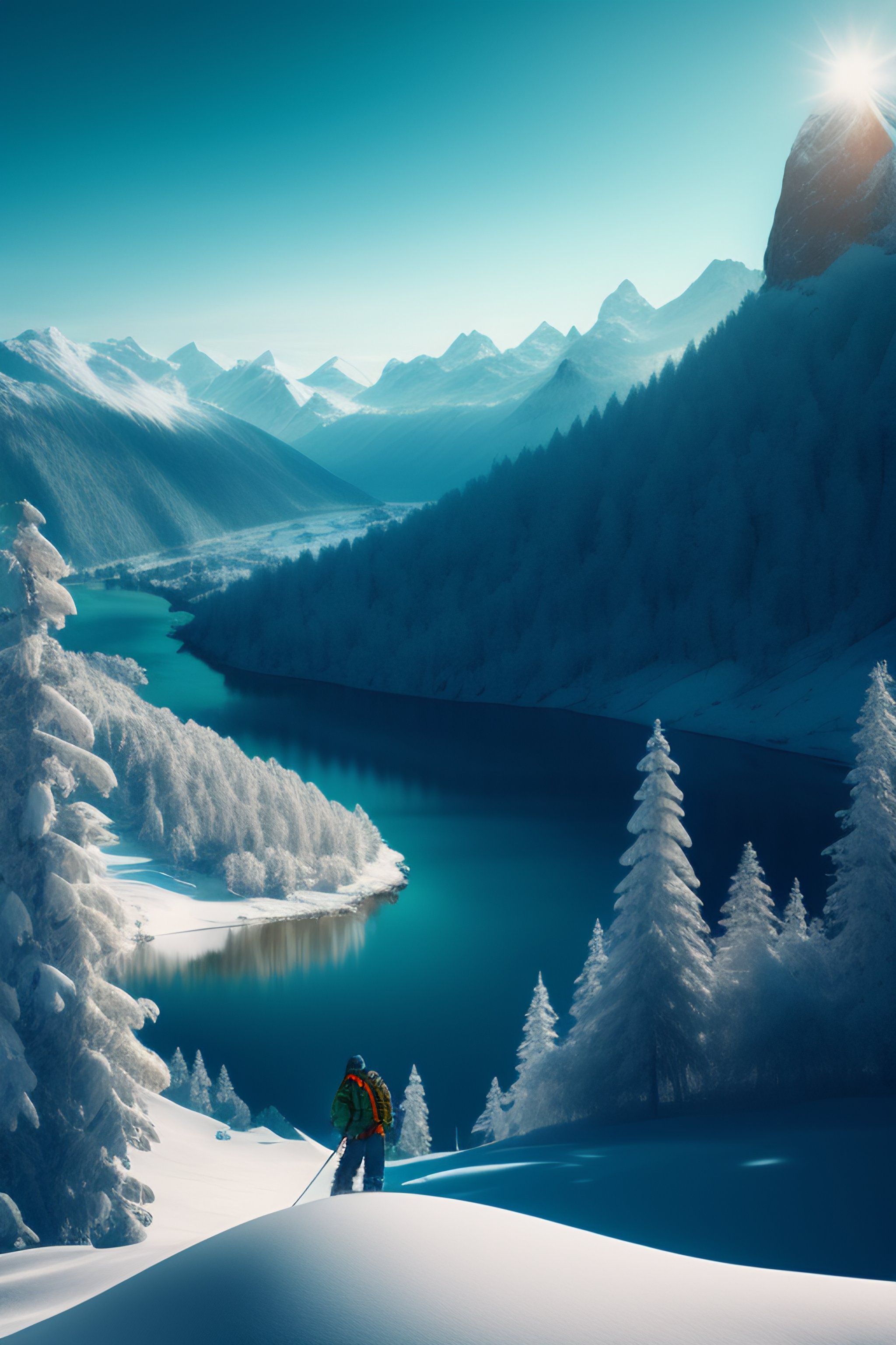 Lexica - Skier on snowy mountains, green forest background, sunny day ...