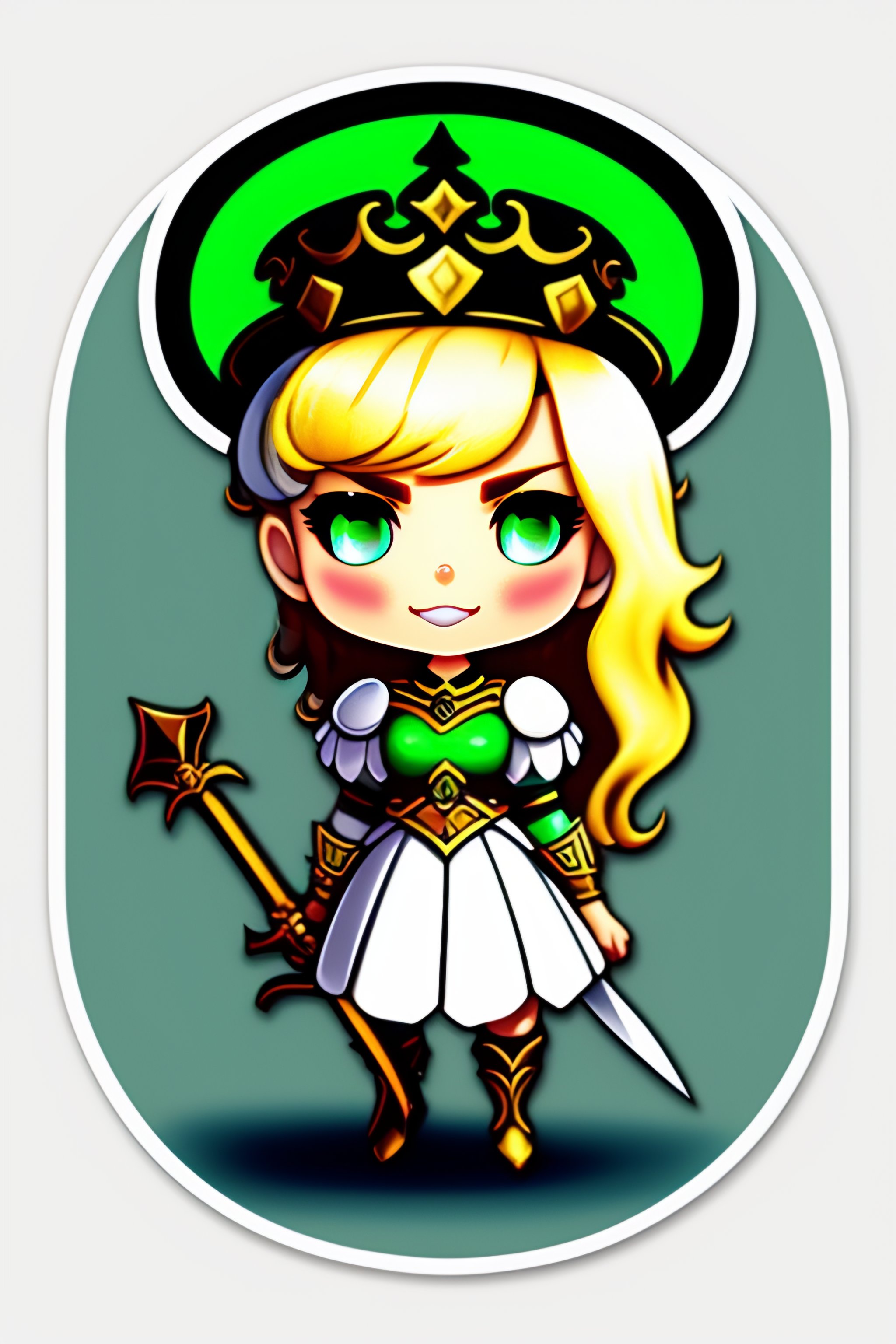 Lexica - Cute chibi blonde, Green eyes, woman With a crown, sword ...