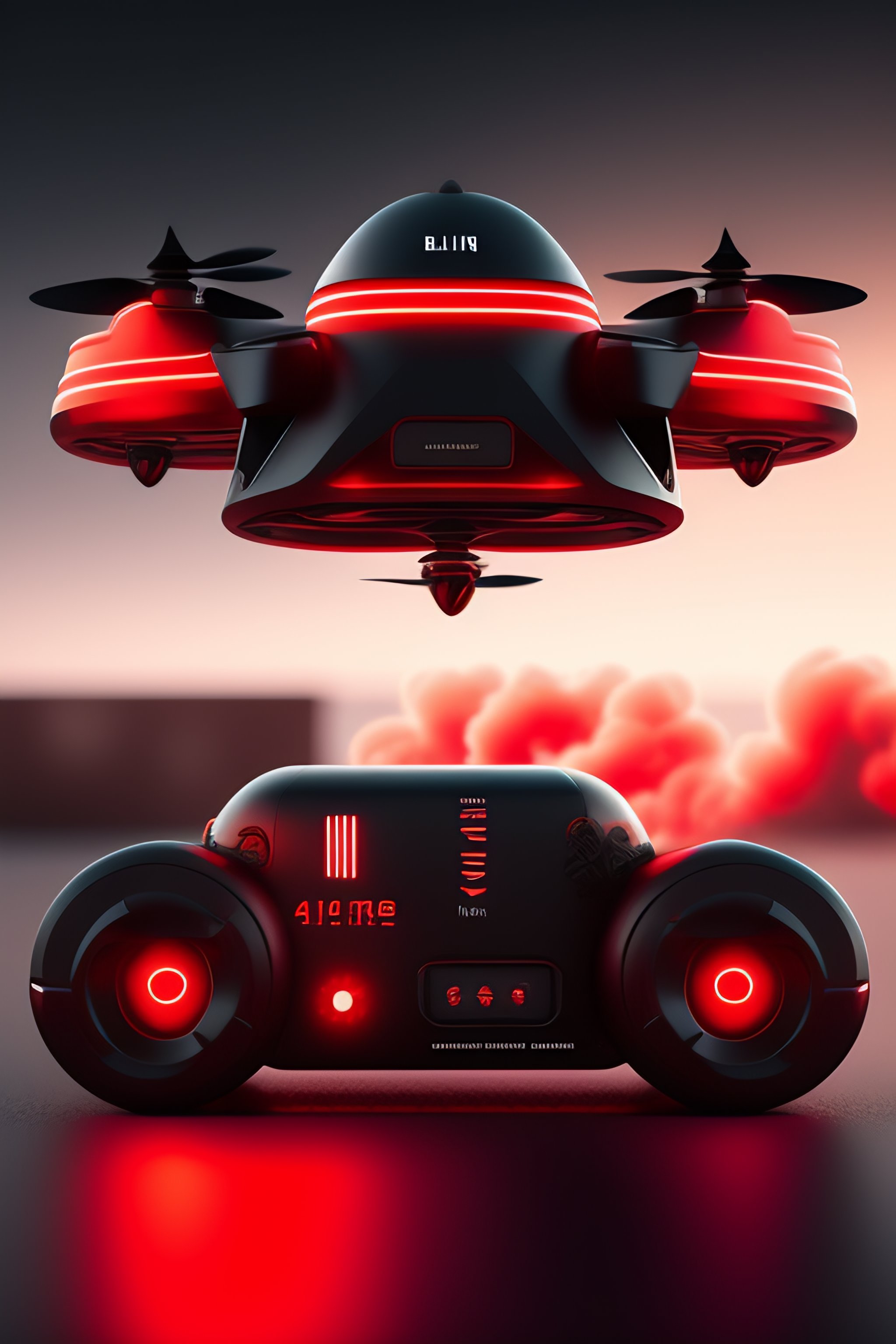 Lexica - Bllack mini cybor military drone , background red smoke ...