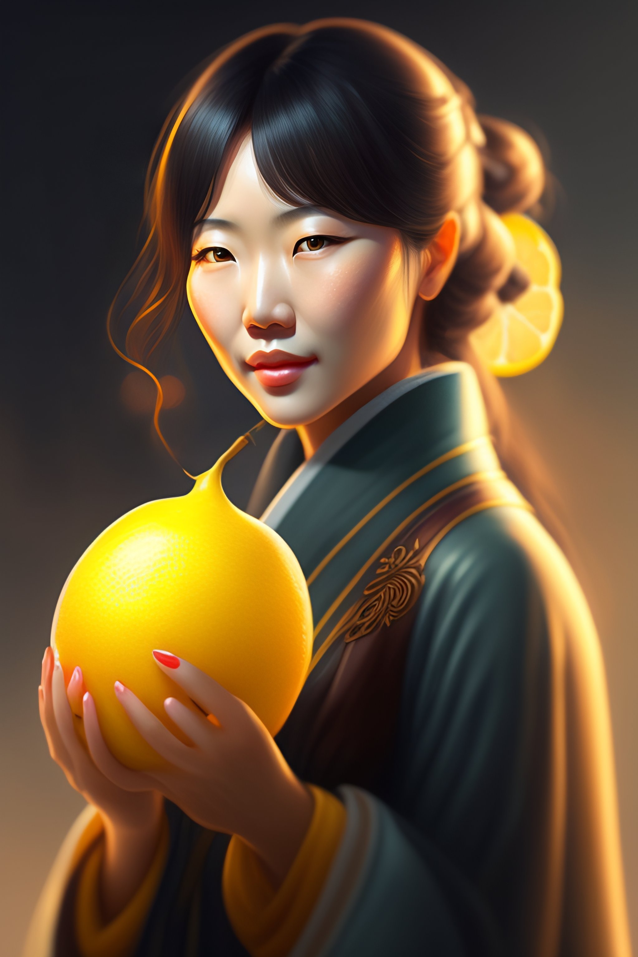 Lexica - Japanese woman holding a small lemon, lemons everywhere, highly detailed, digital ...