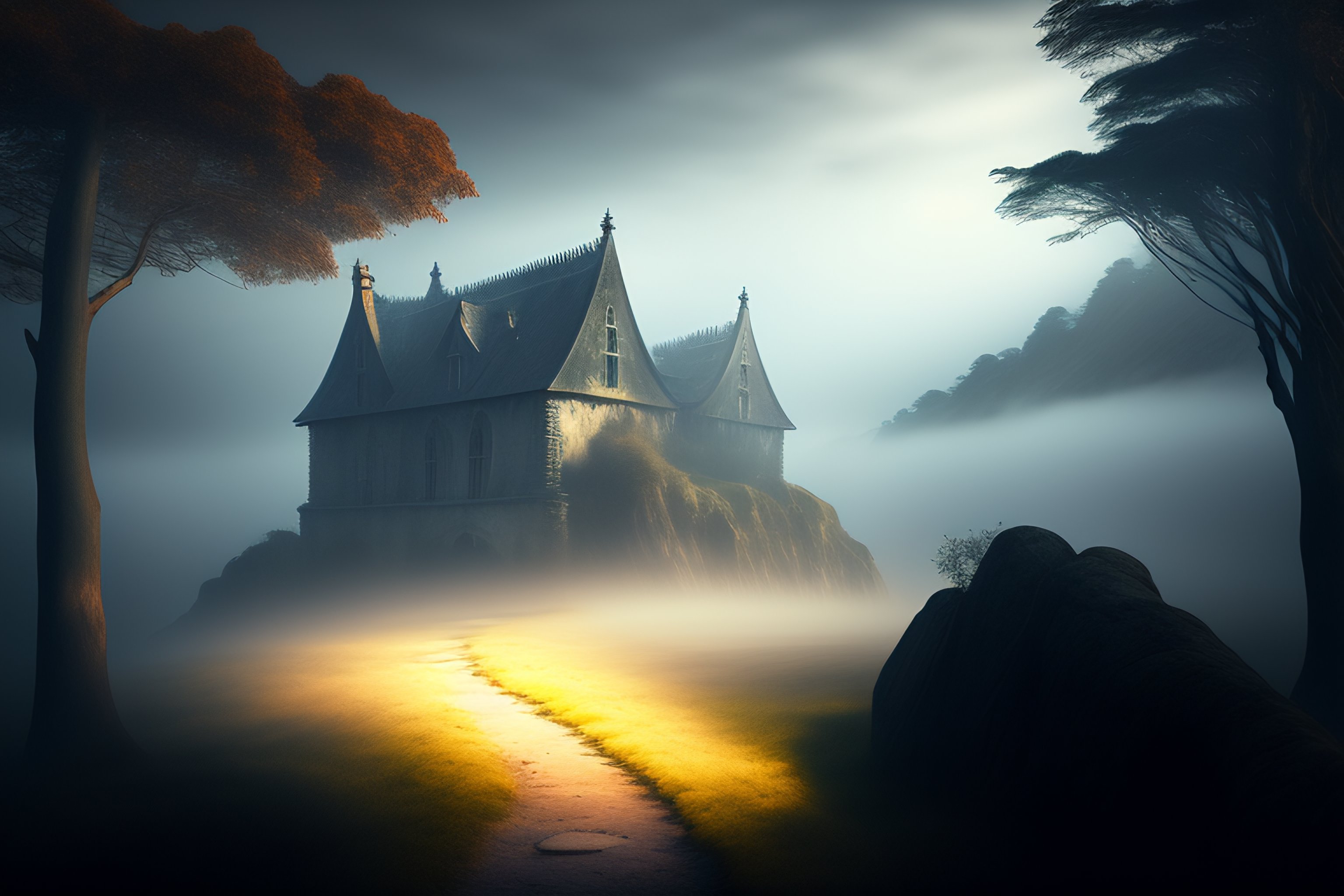 Lexica - Avalon landscape, fog, ruin moot, dramatic lighting, dark fantasy,