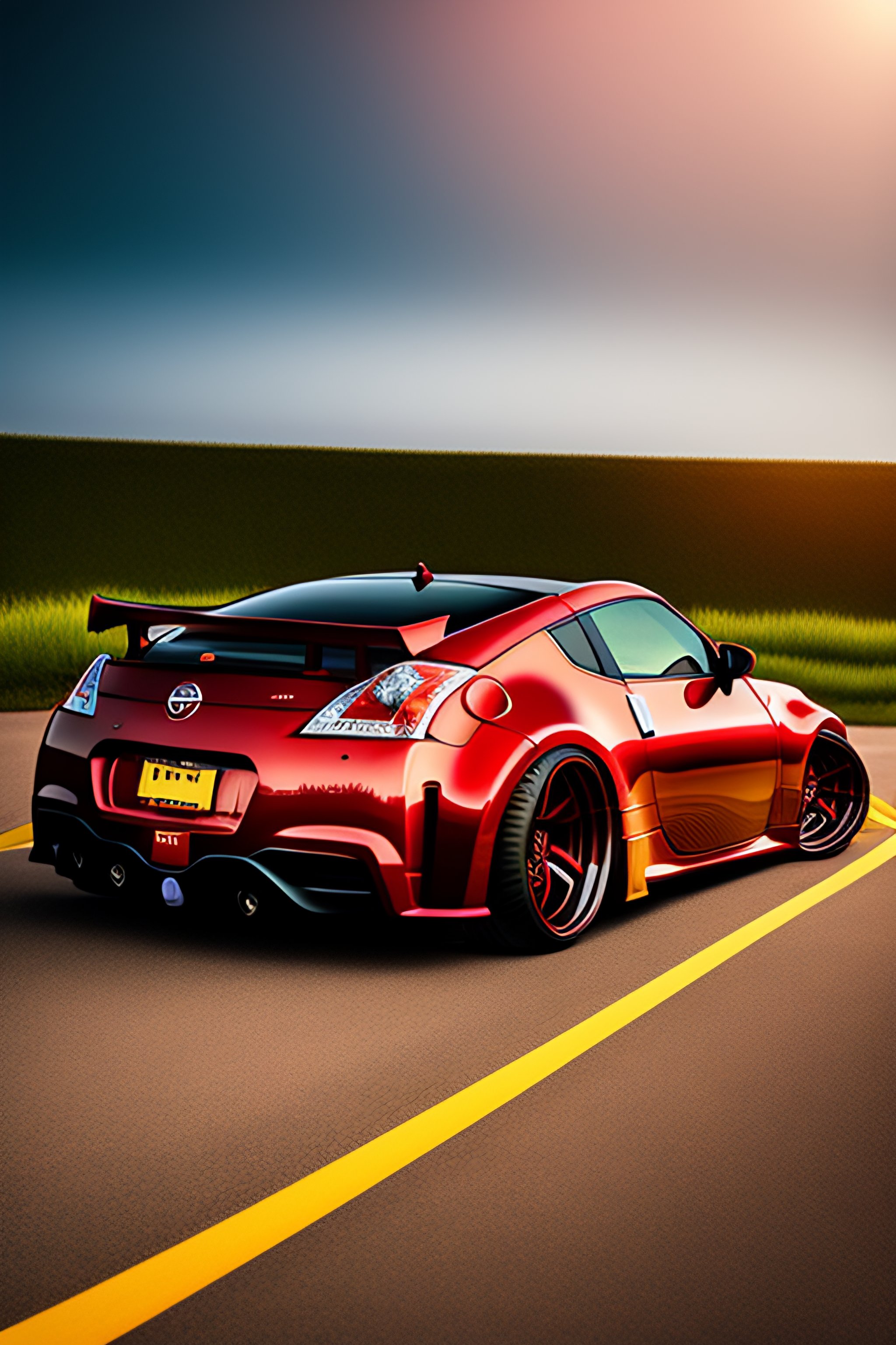 Lexica - Photo of red nissan 350z, yellow wheels, highly detailed ...