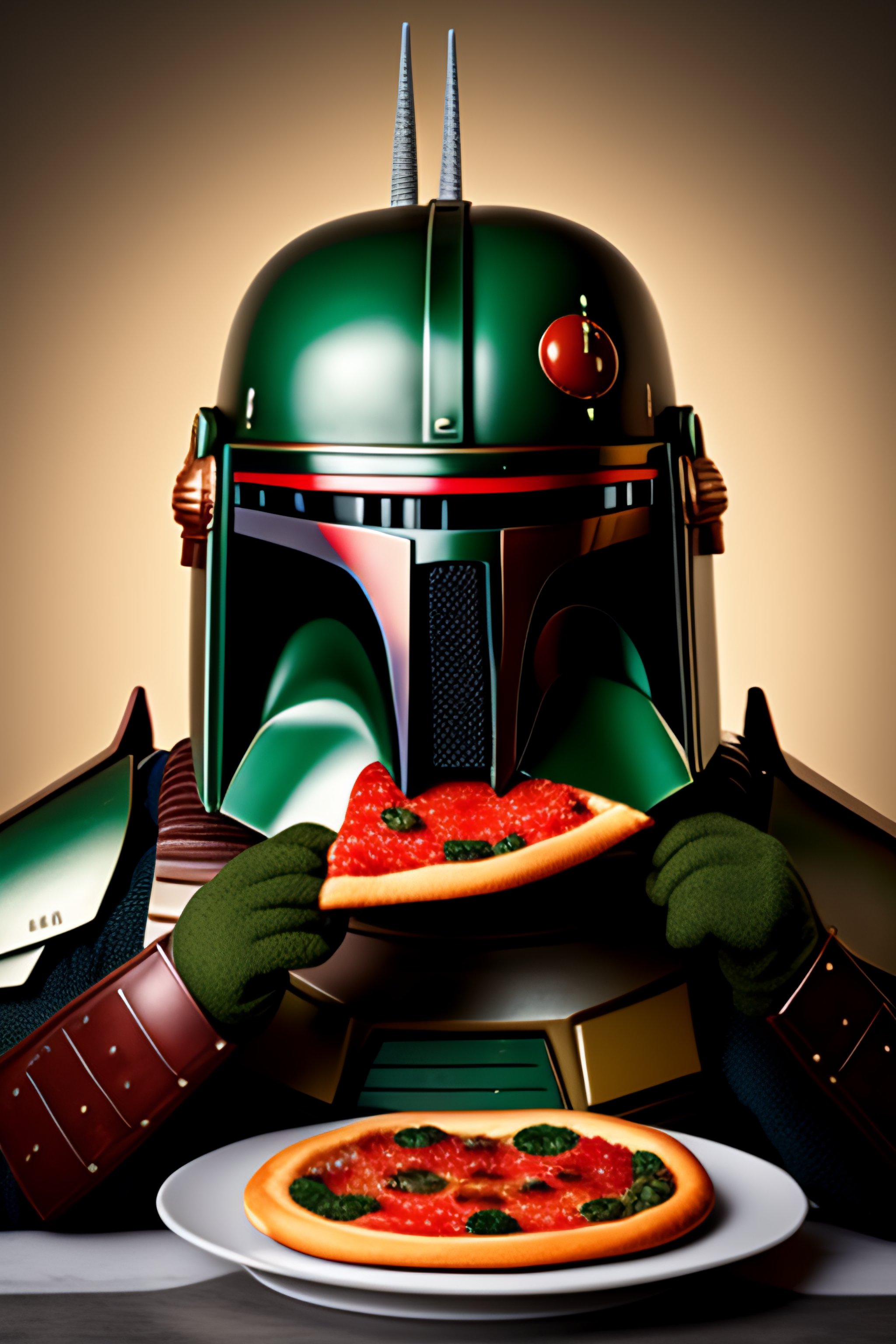 Lexica - Armored boba fett eating pizza