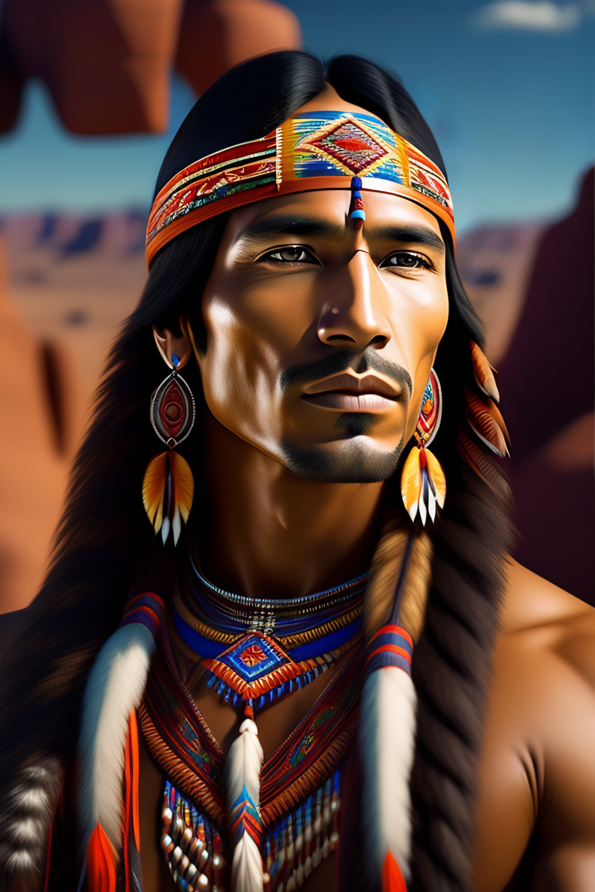 Lexica - Native american man portrait in 3d digital art with clear sky ...