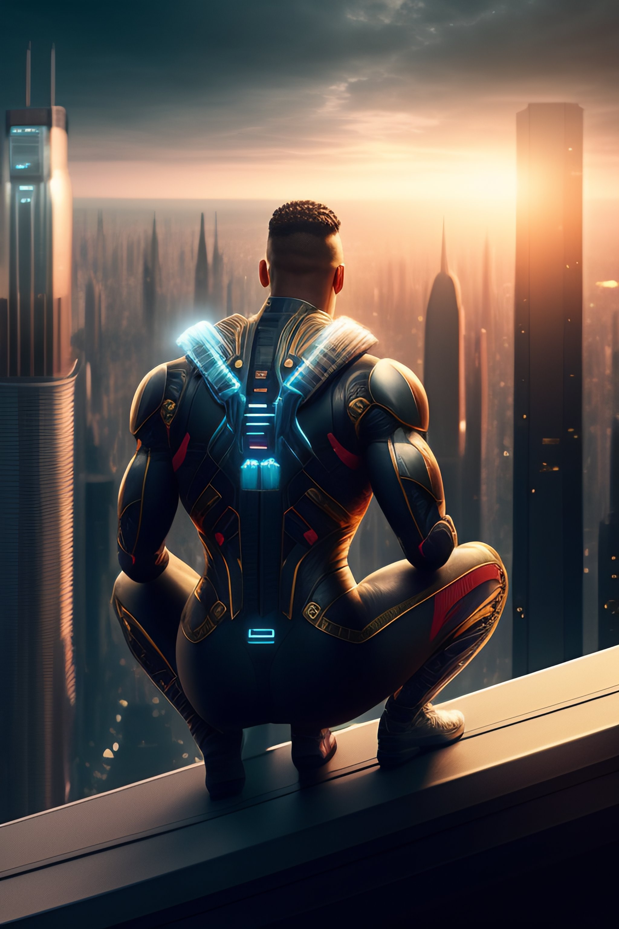 Lexica - Cyborg sitting on a roof looking down at a city below ...