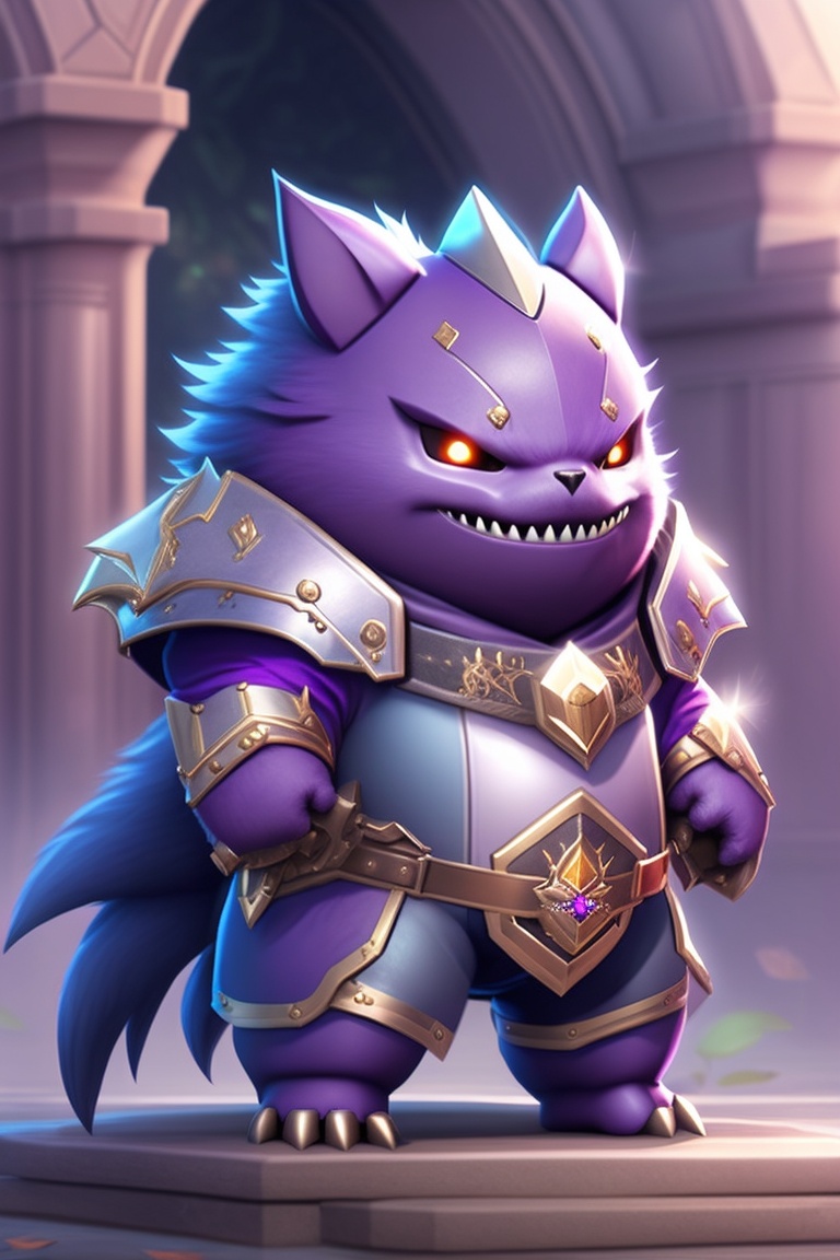 Lexica - Cute little gengar full body, metal armor with sword, dark ...