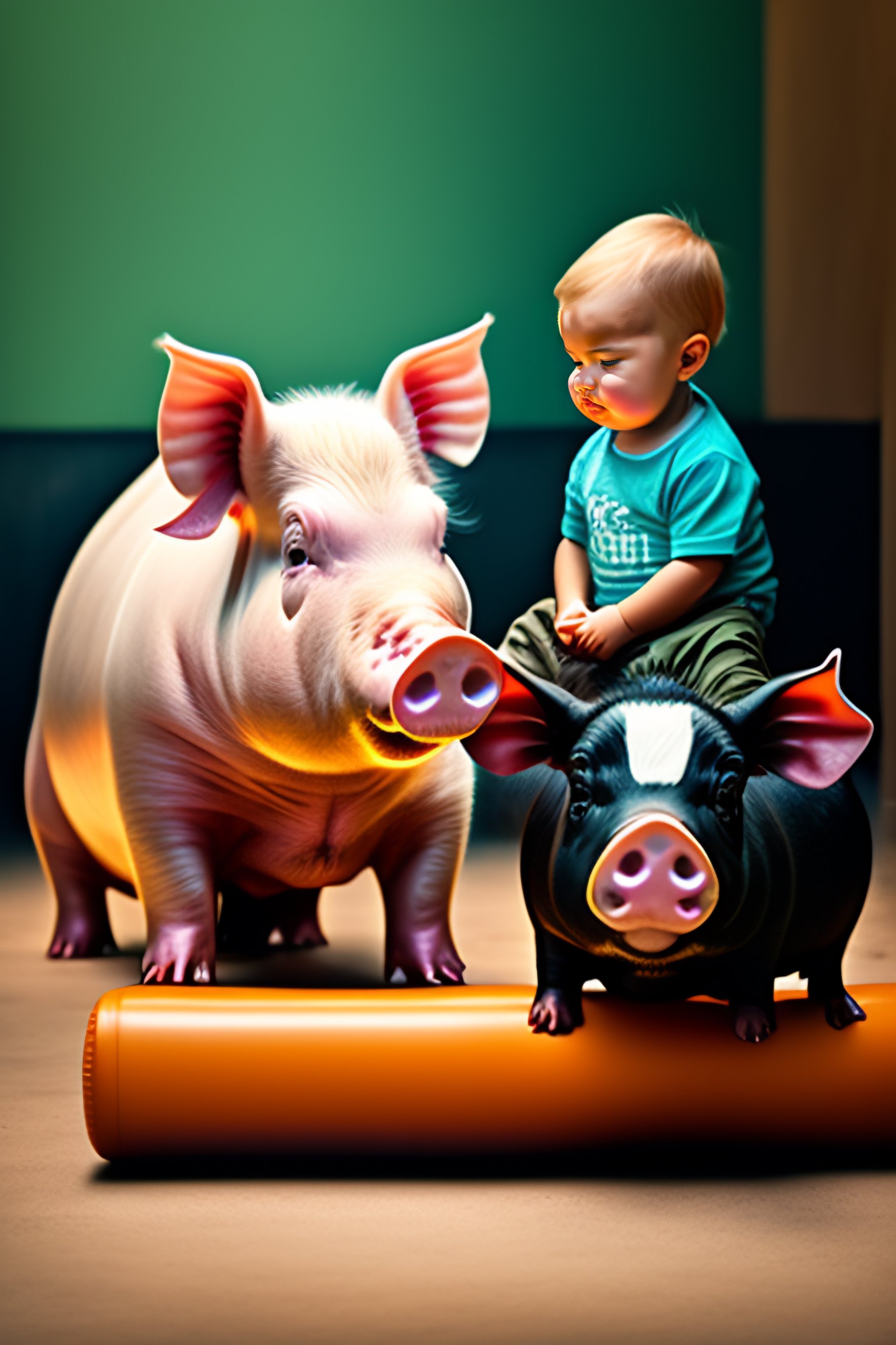 Lexica - Kid sitting under pig, cute