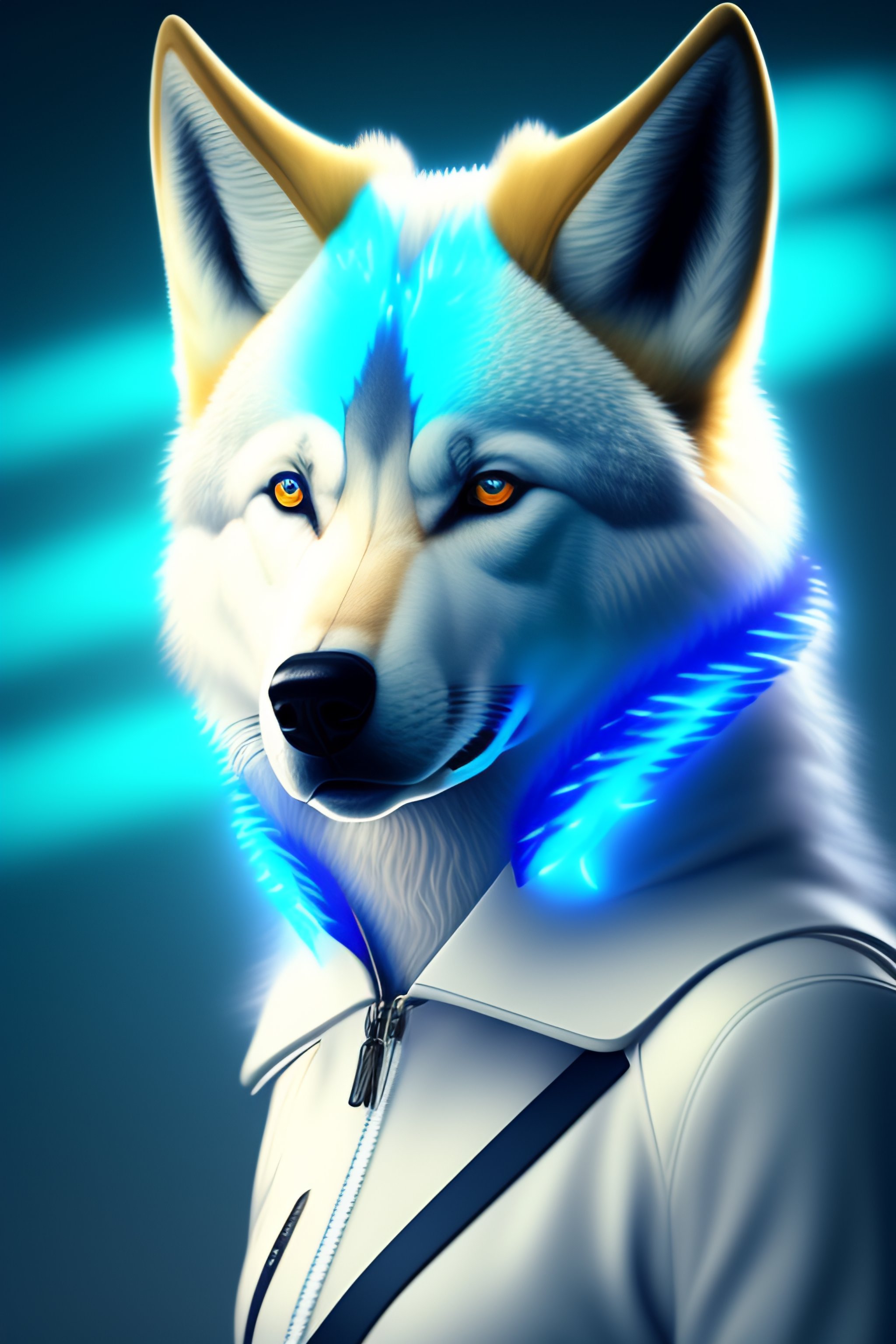 Lexica - White protogen with wolf white fur, and glowing blue headphone