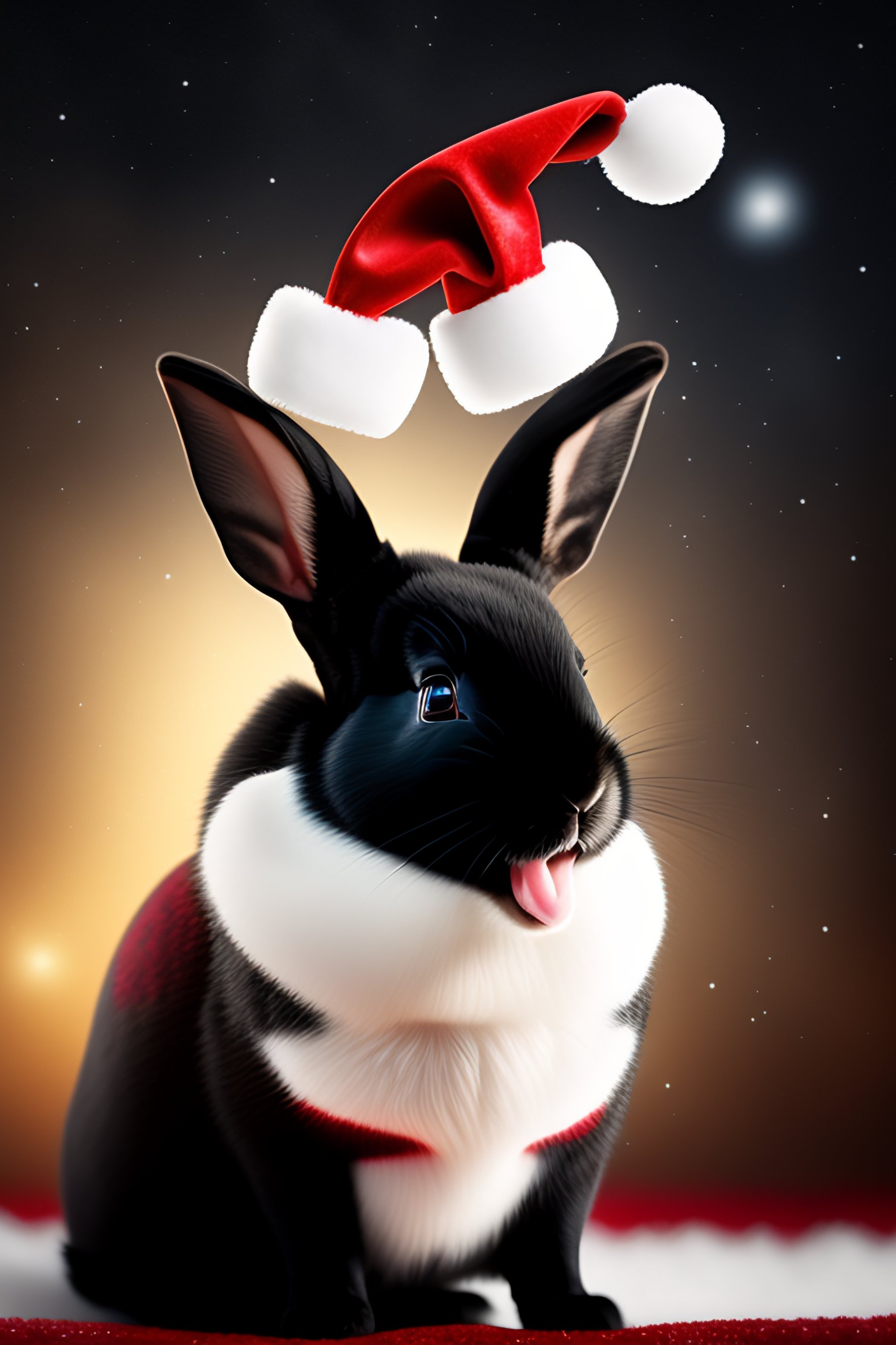 Lexica - Christmas, a black rabbit in a santa claus hat laughs