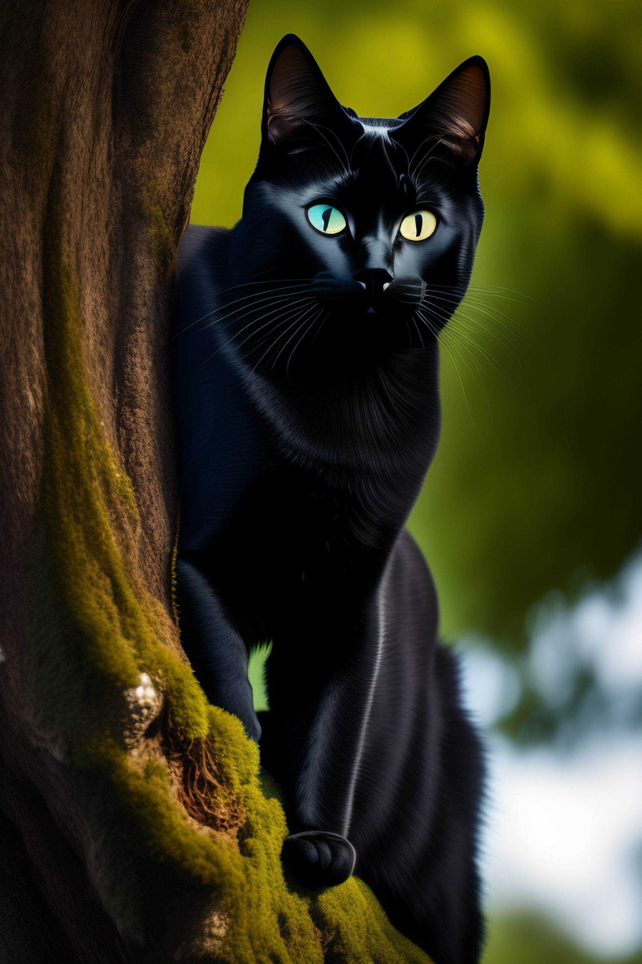 Lexica - Picture of a black cat looking scared in a tree