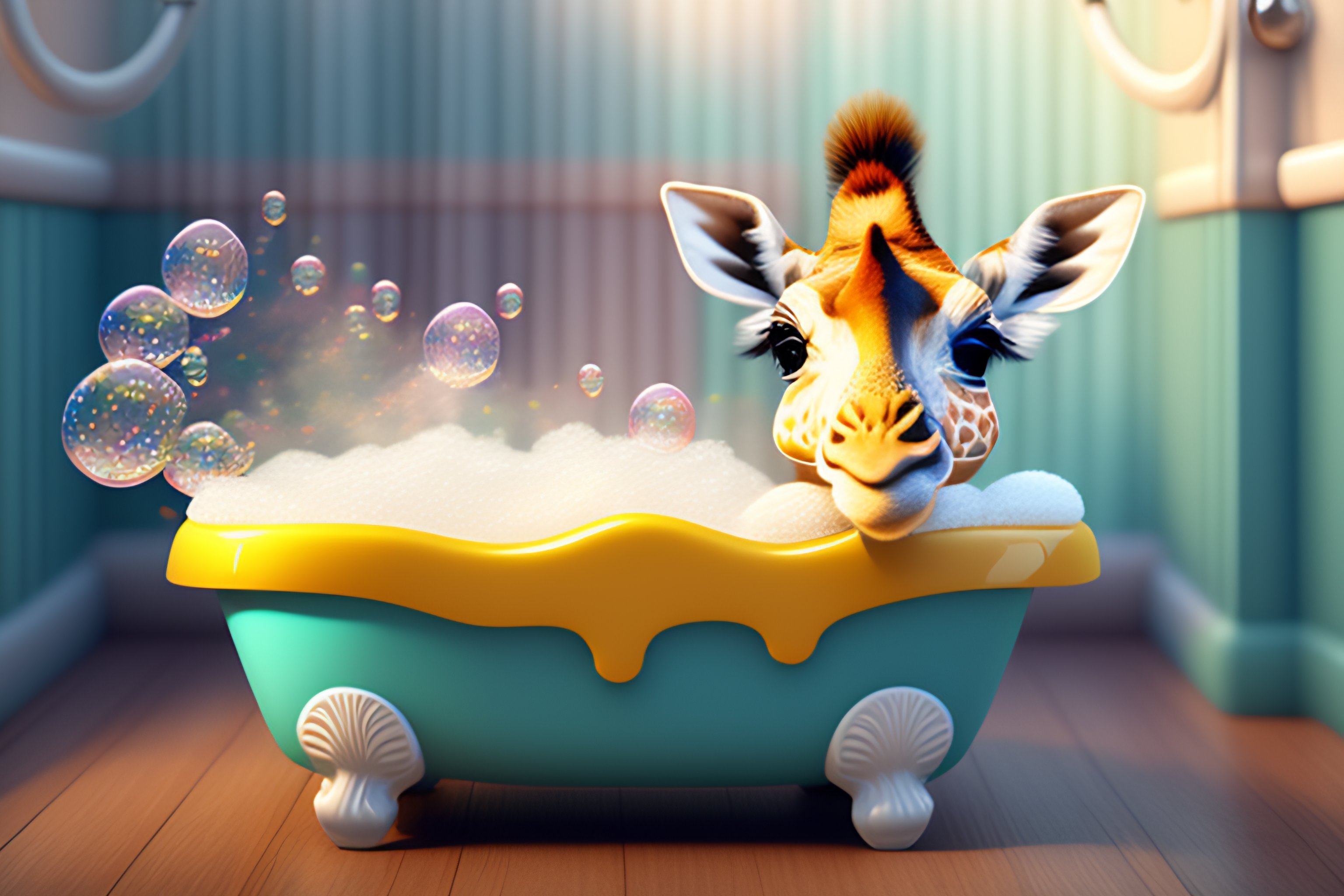 Lexica - Watercolor style cute, happy baby giraffe holding a bath brush and smiling in an old ...