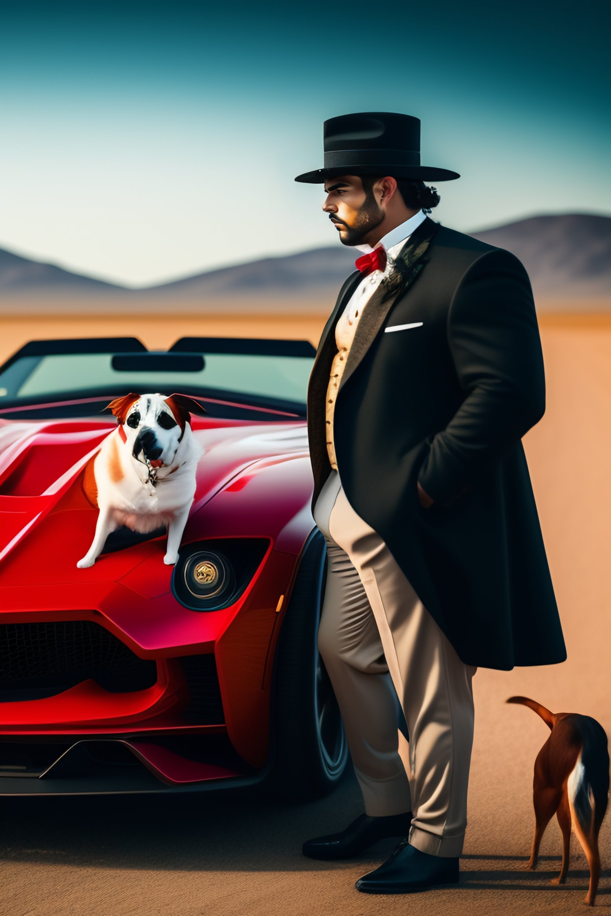 Lexica - Make man with hat and dog and fancy car