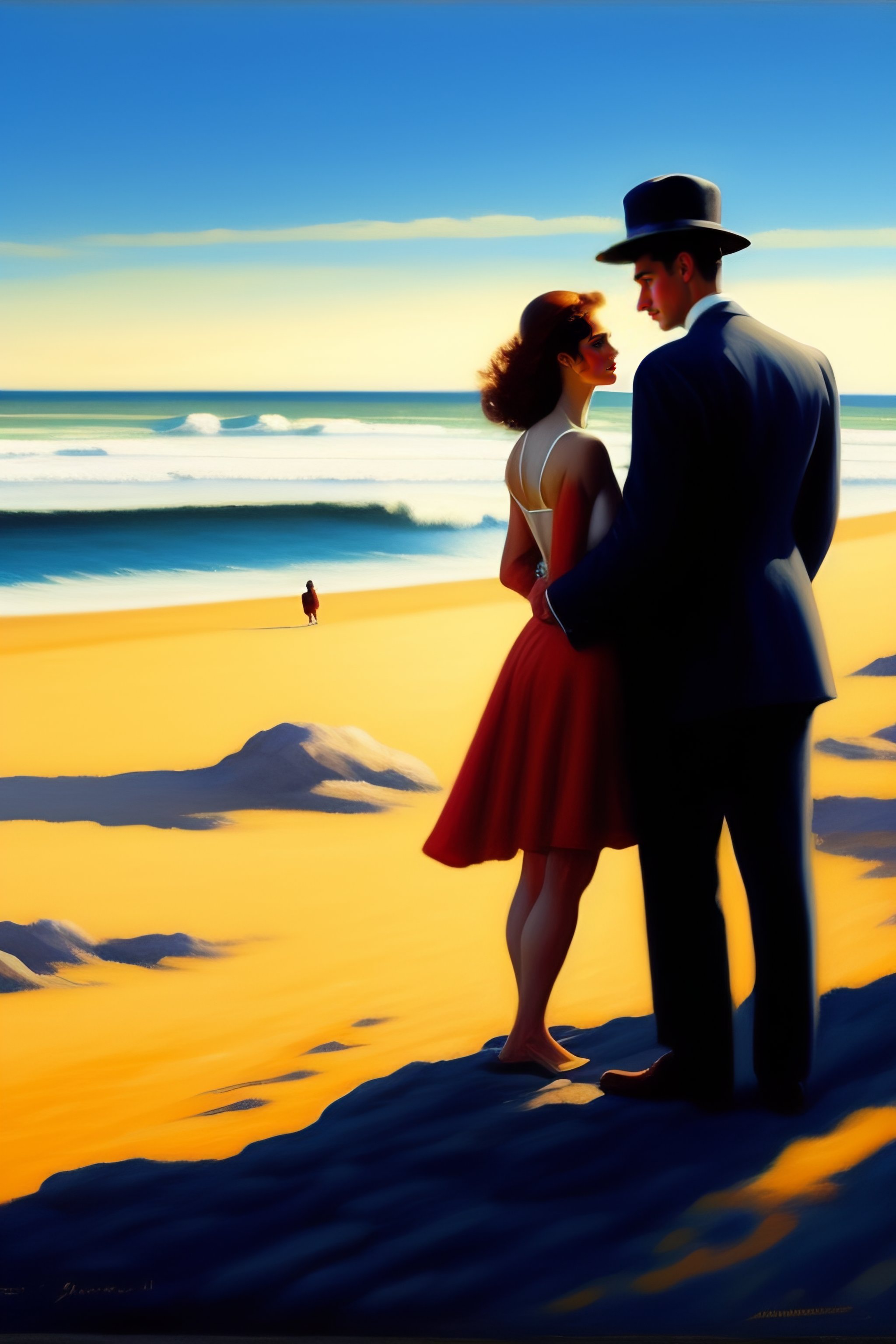 Lexica - Edward hopper style painting of a couple on the beach