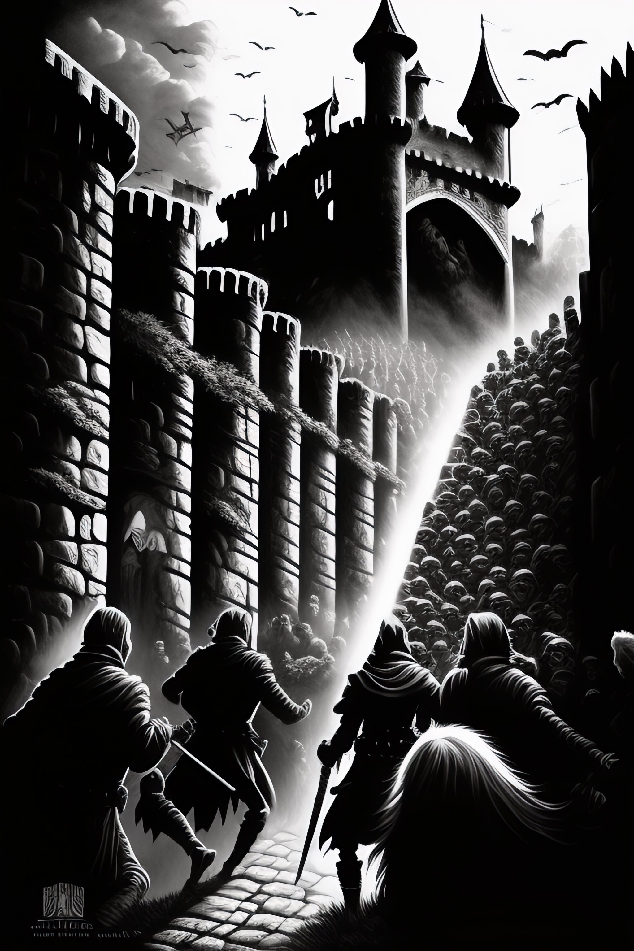 Lexica - Horde of zombies attacking a castle wall, black and white ...