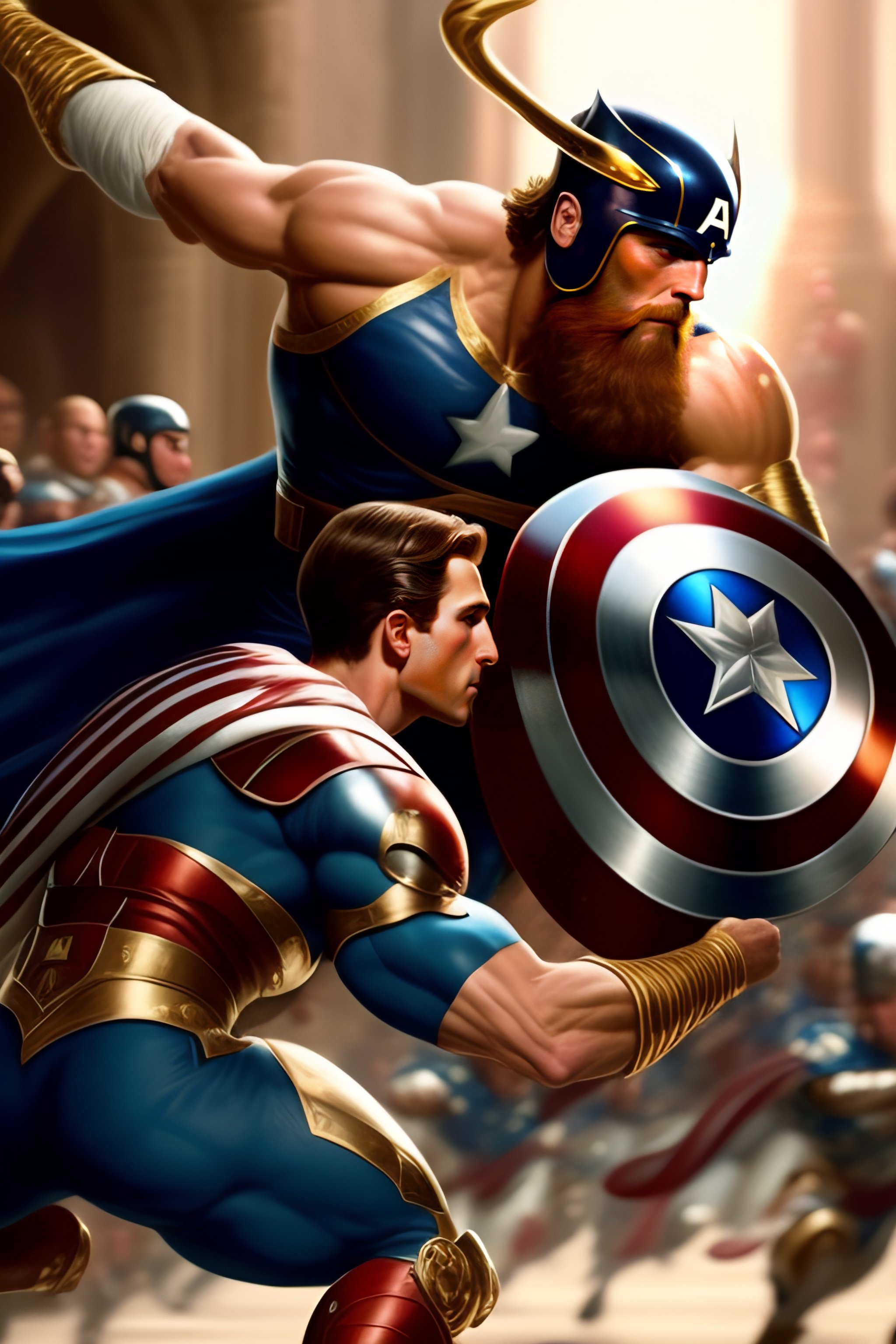 Lexica - King David beating Goliath while wearing a captain America costume