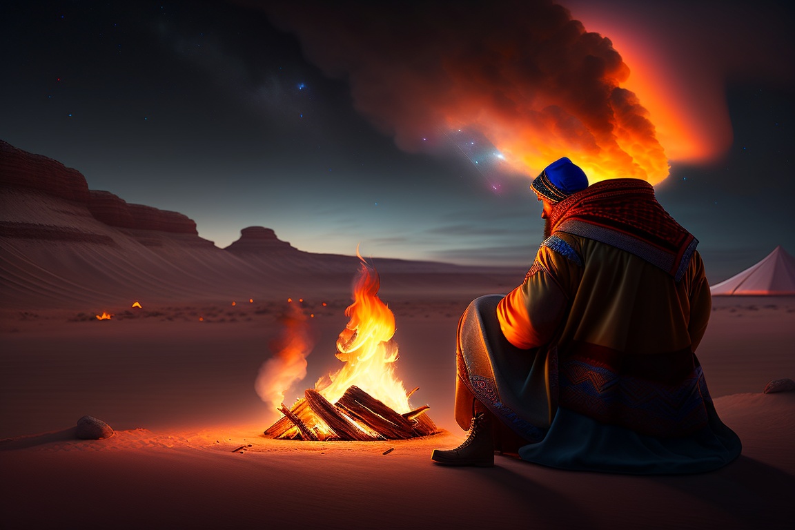 Lexica - A bedouin storyteller from the back sitting on the ground near ...