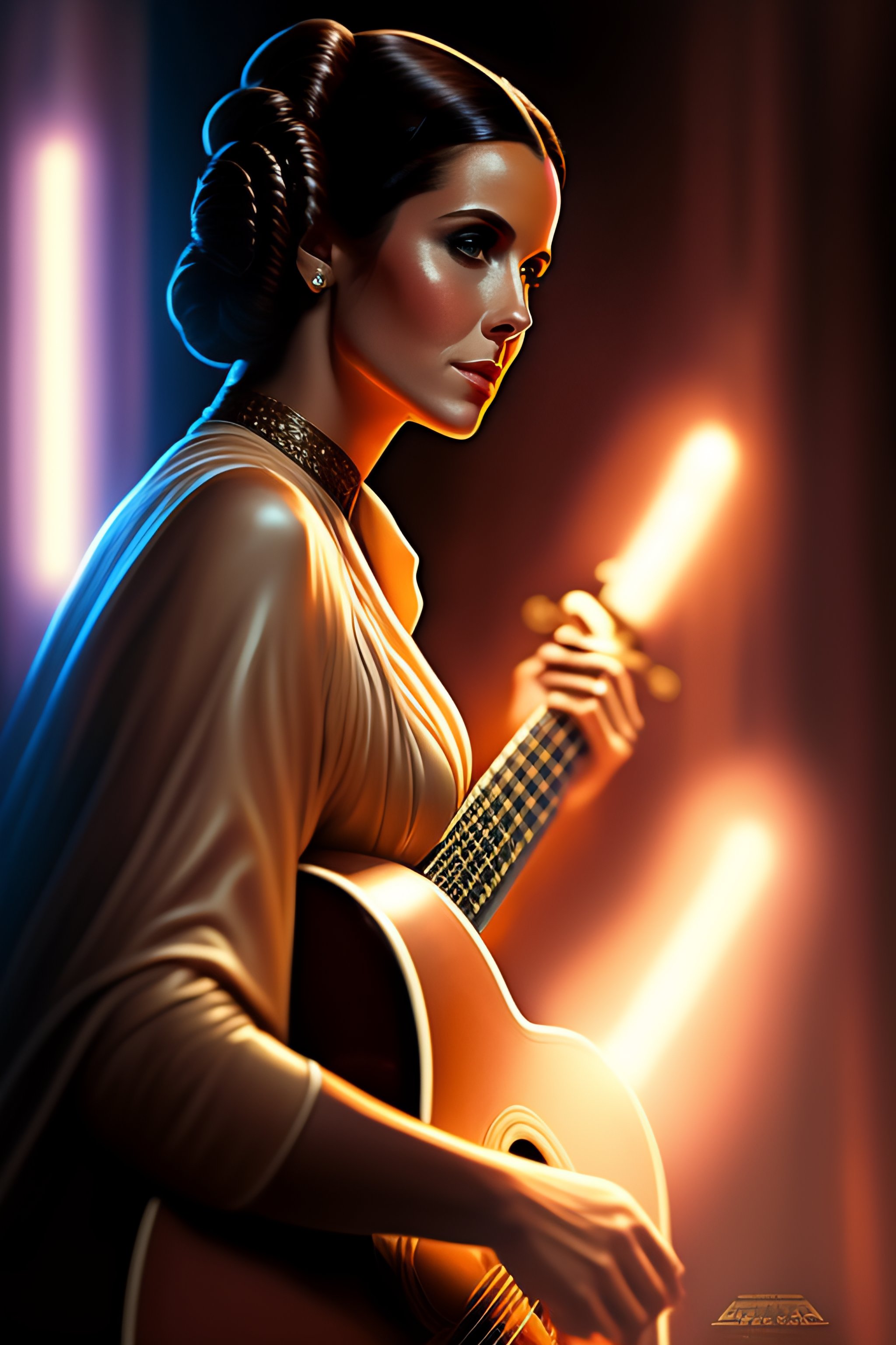 Lexica - Portrait of princess leia playing the guitar, intricate ...