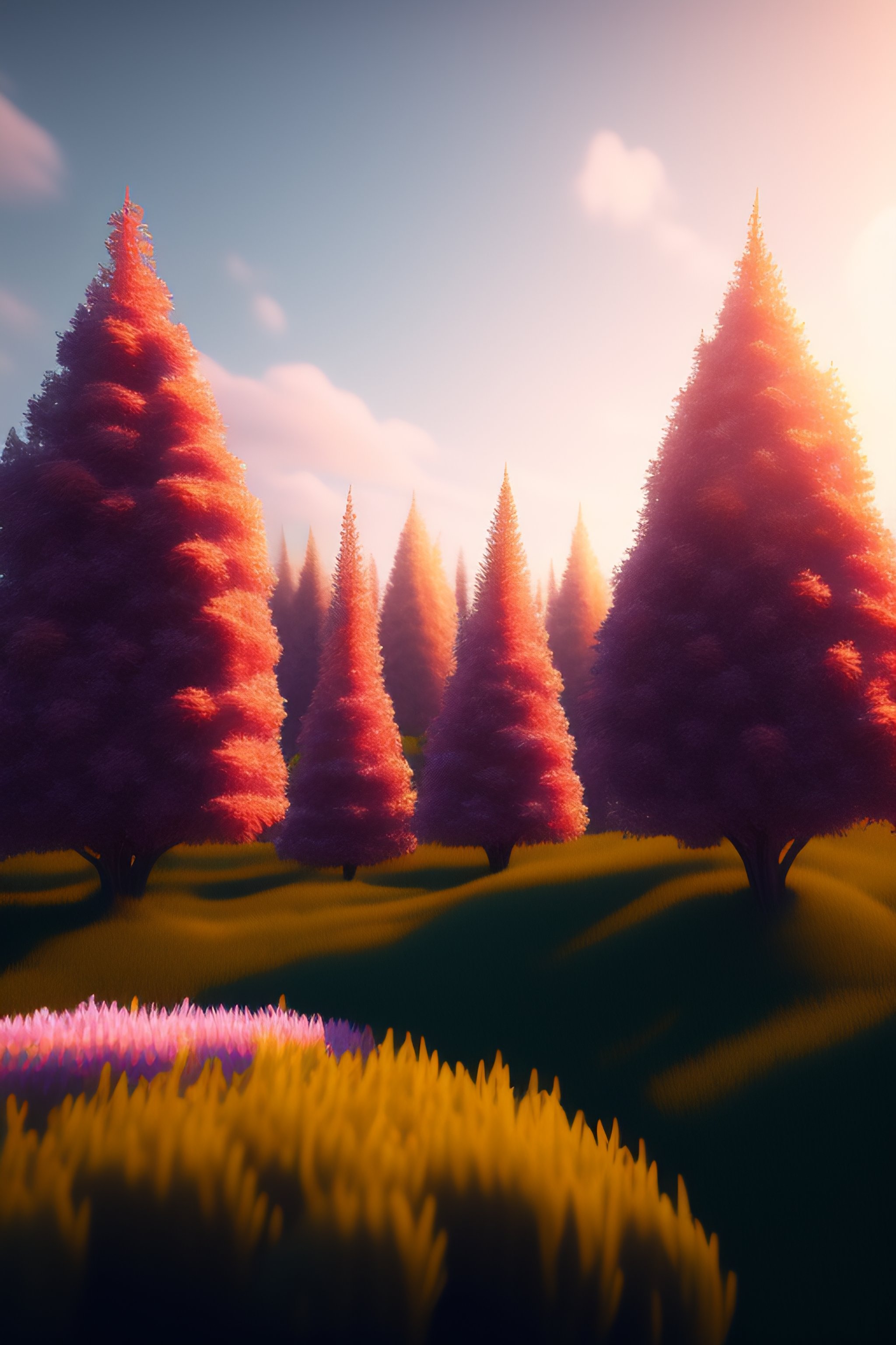 Lexica - Furry trees in a flowery meadow, 4K octane render, volumetric ...