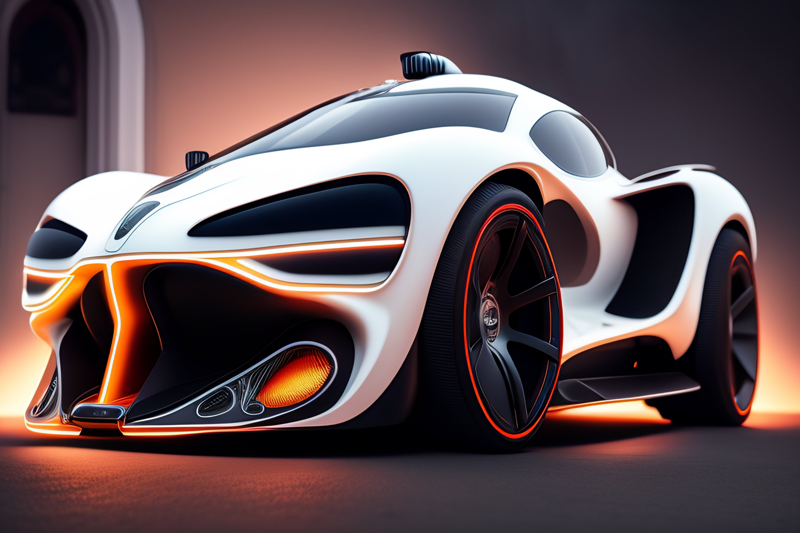 Lexica - Wide shot of a minimal biomechanical steampunk translucent car ...