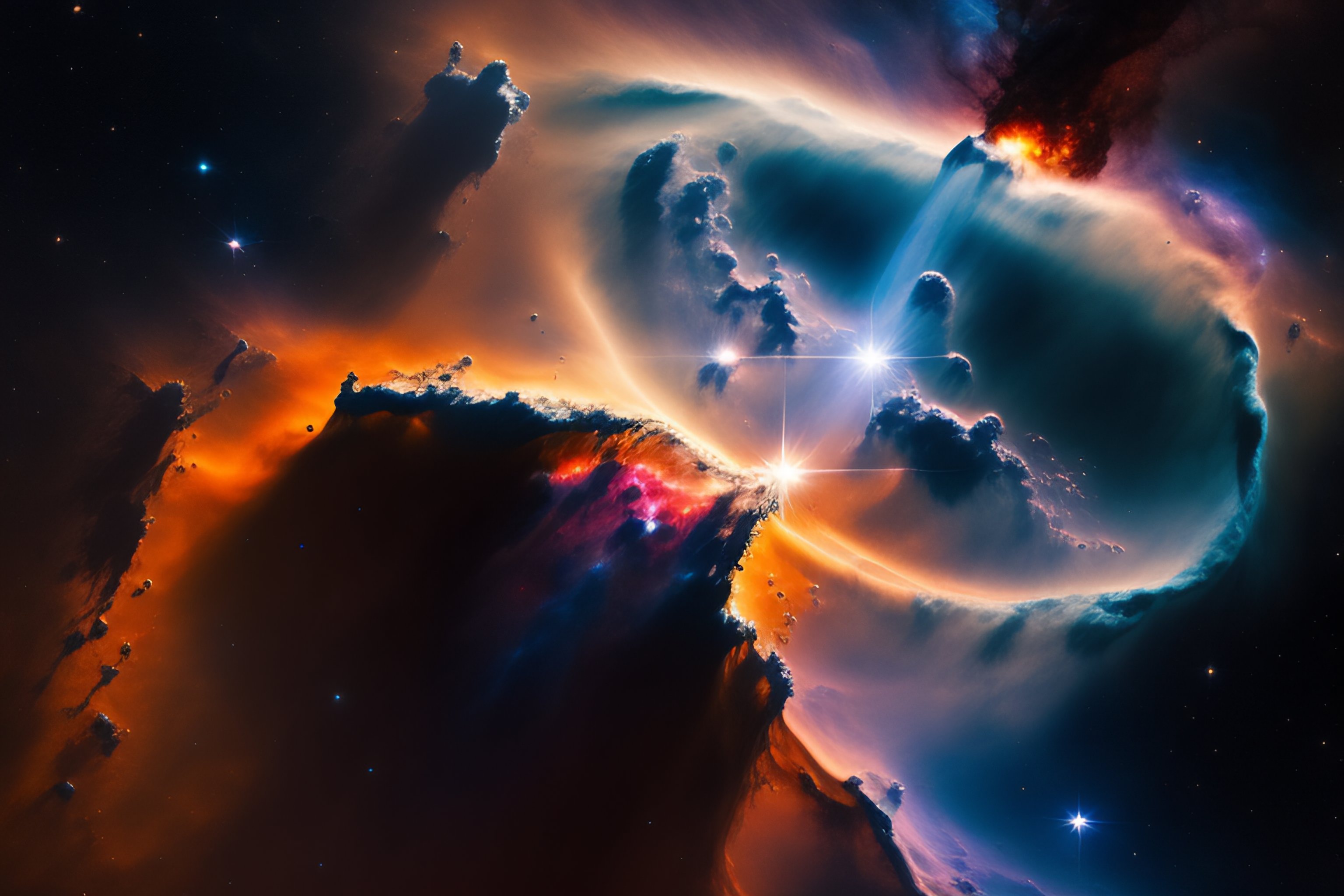 Lexica - A spaceship floating in space , nebula , pillars of creation ...