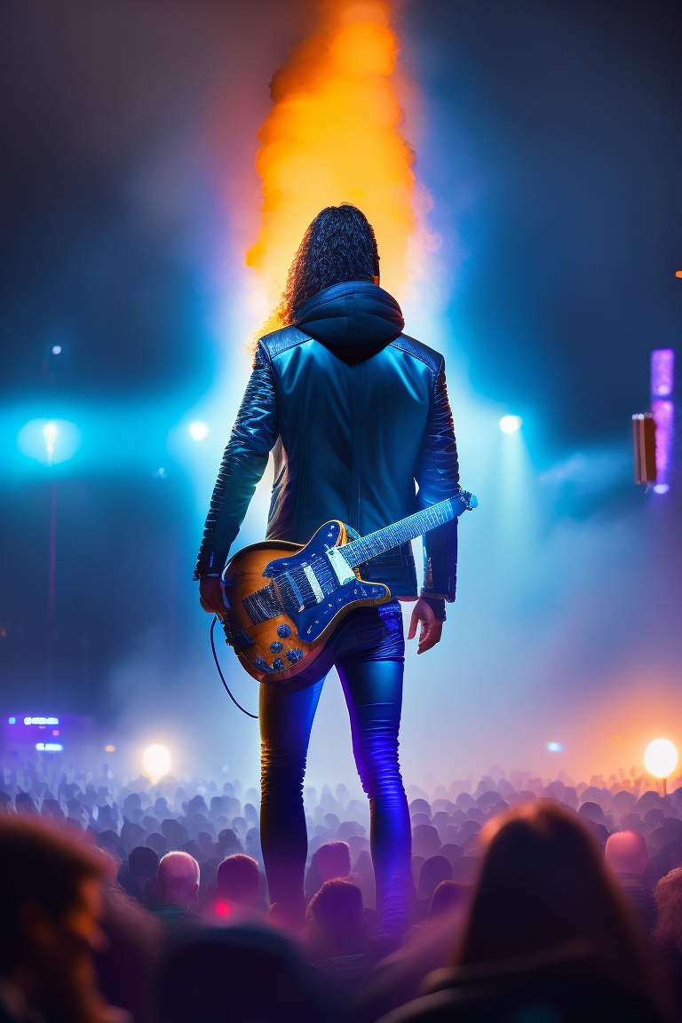 Lexica - A rockstar with a burning guitar on back, standing on a stage ...