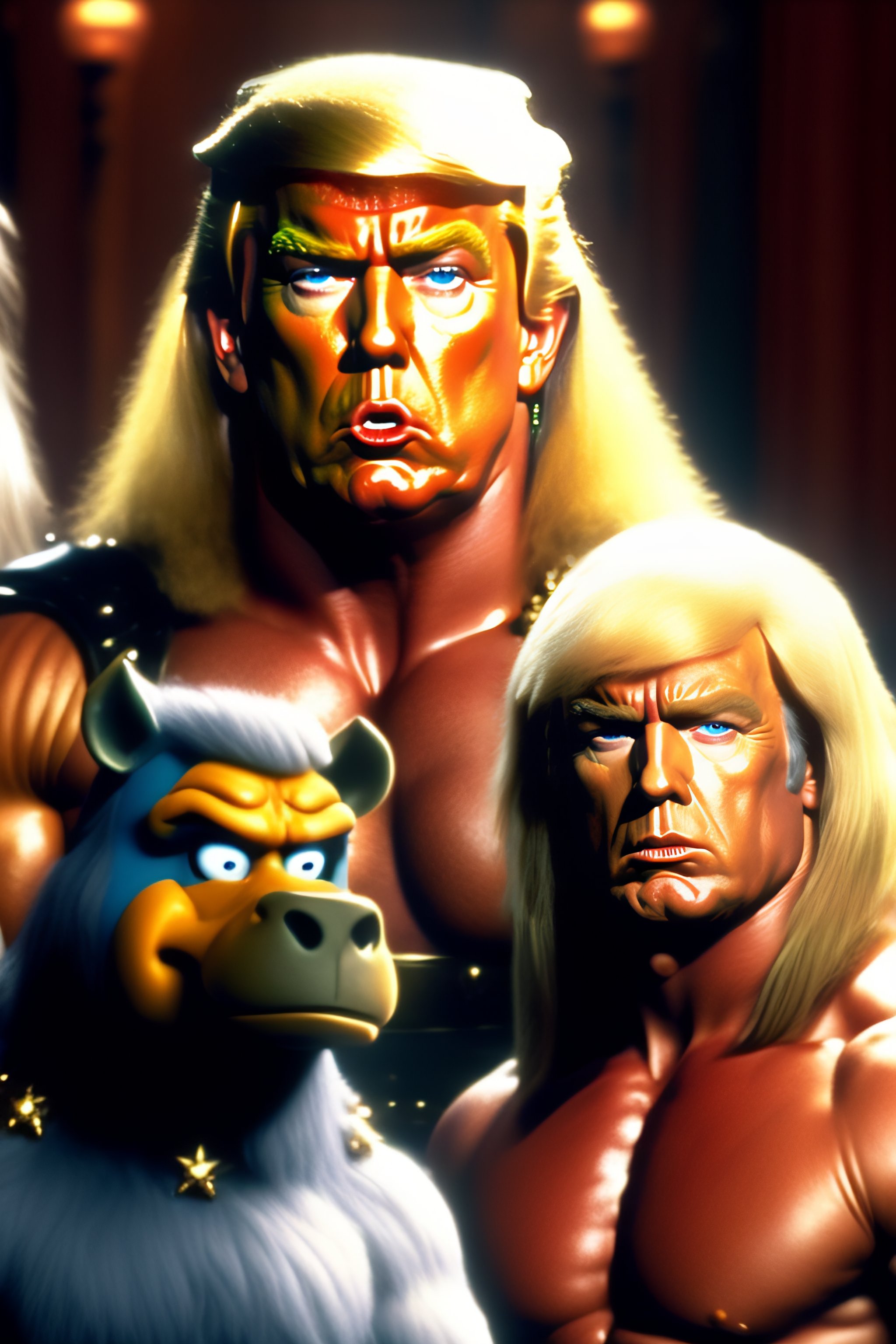 Lexica - Donald Trump, He-Man and ALF in a scene from lord of the rings