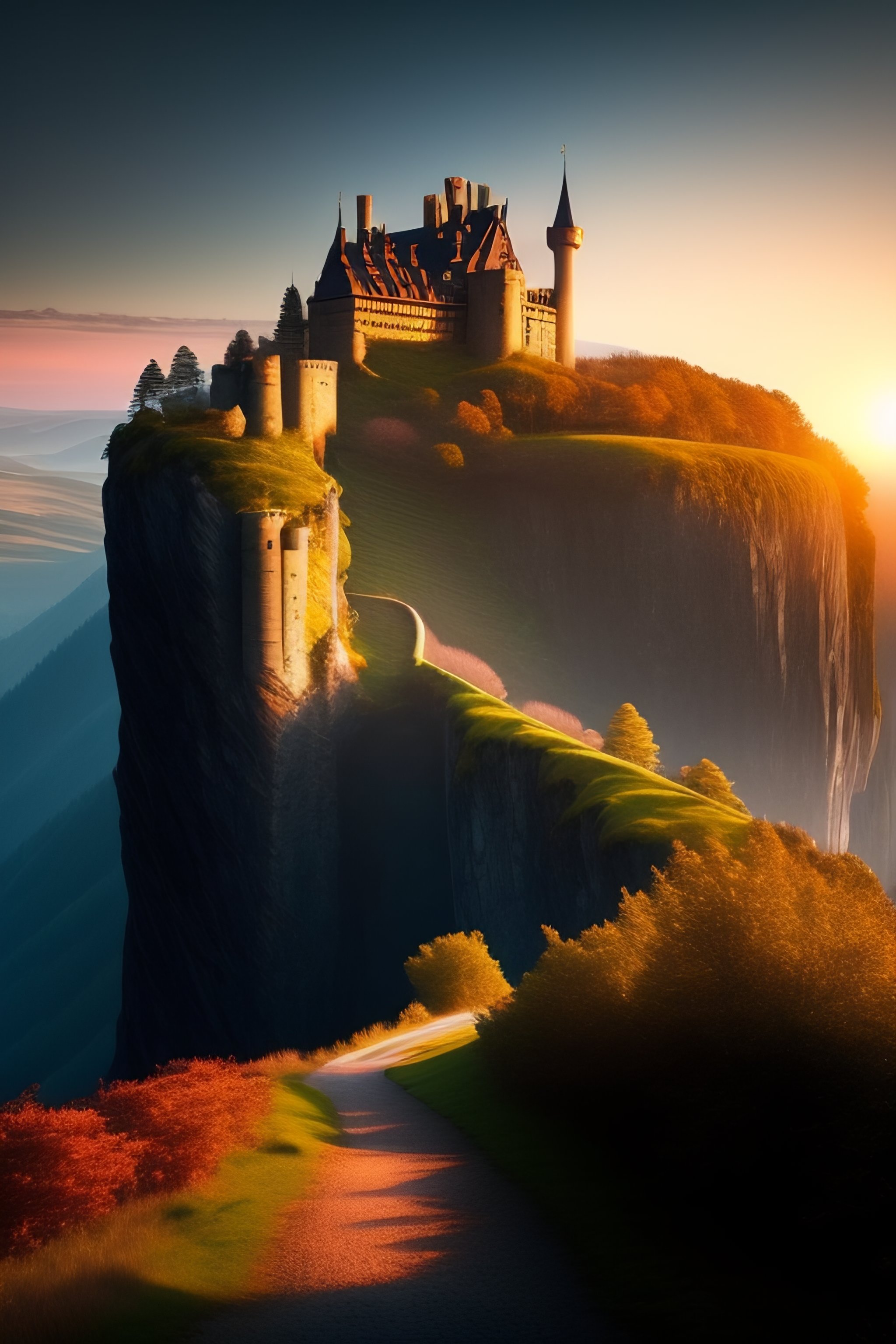 Lexica - Amazing castle on mountain at sunrise, sharp detail, stone ...