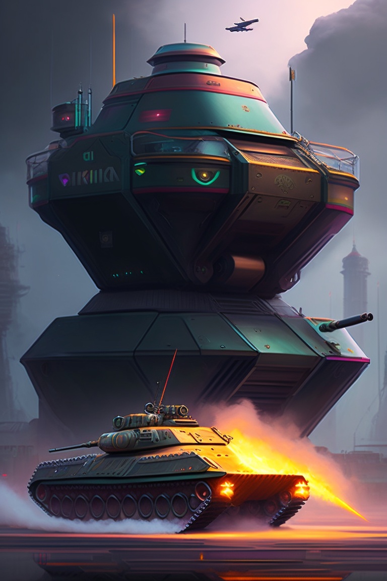 Lexica - Draw a tank in the cyberpunk style, it has a tower with 20 ...