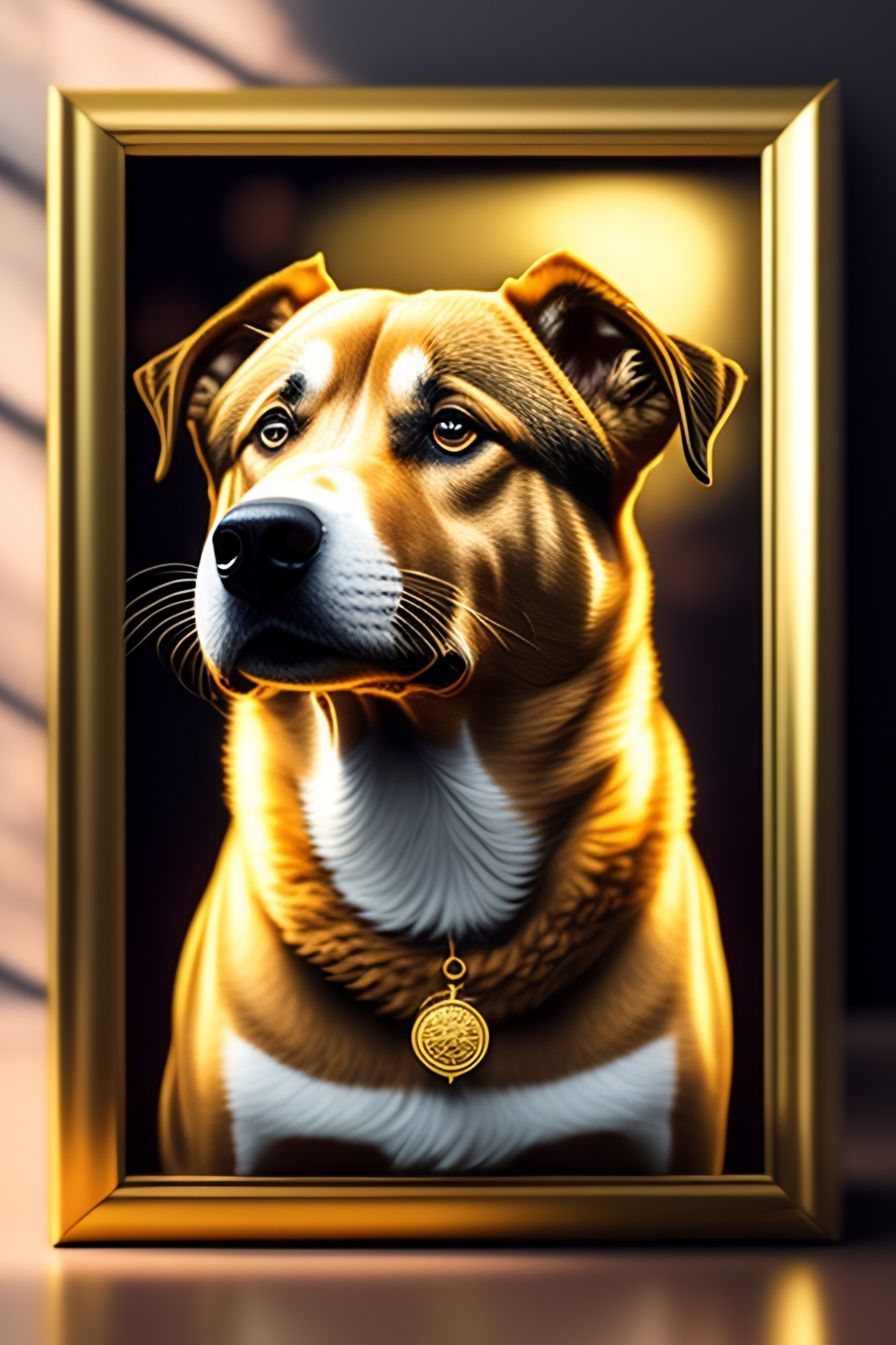 Lexica - Doge coin hound, in a frame, golden background, coin side