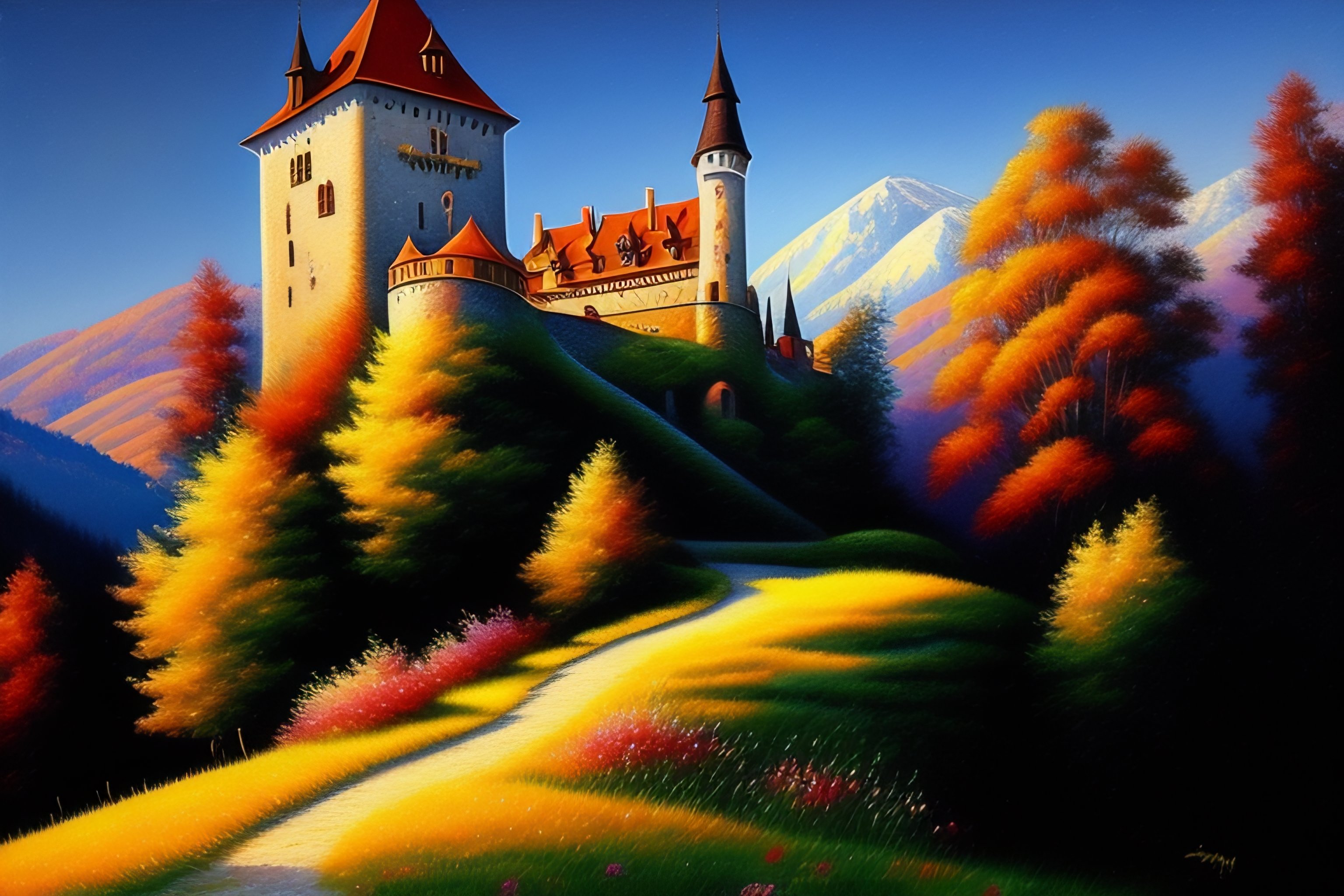 Lexica - Painting of a castle in transylvania, pointilist