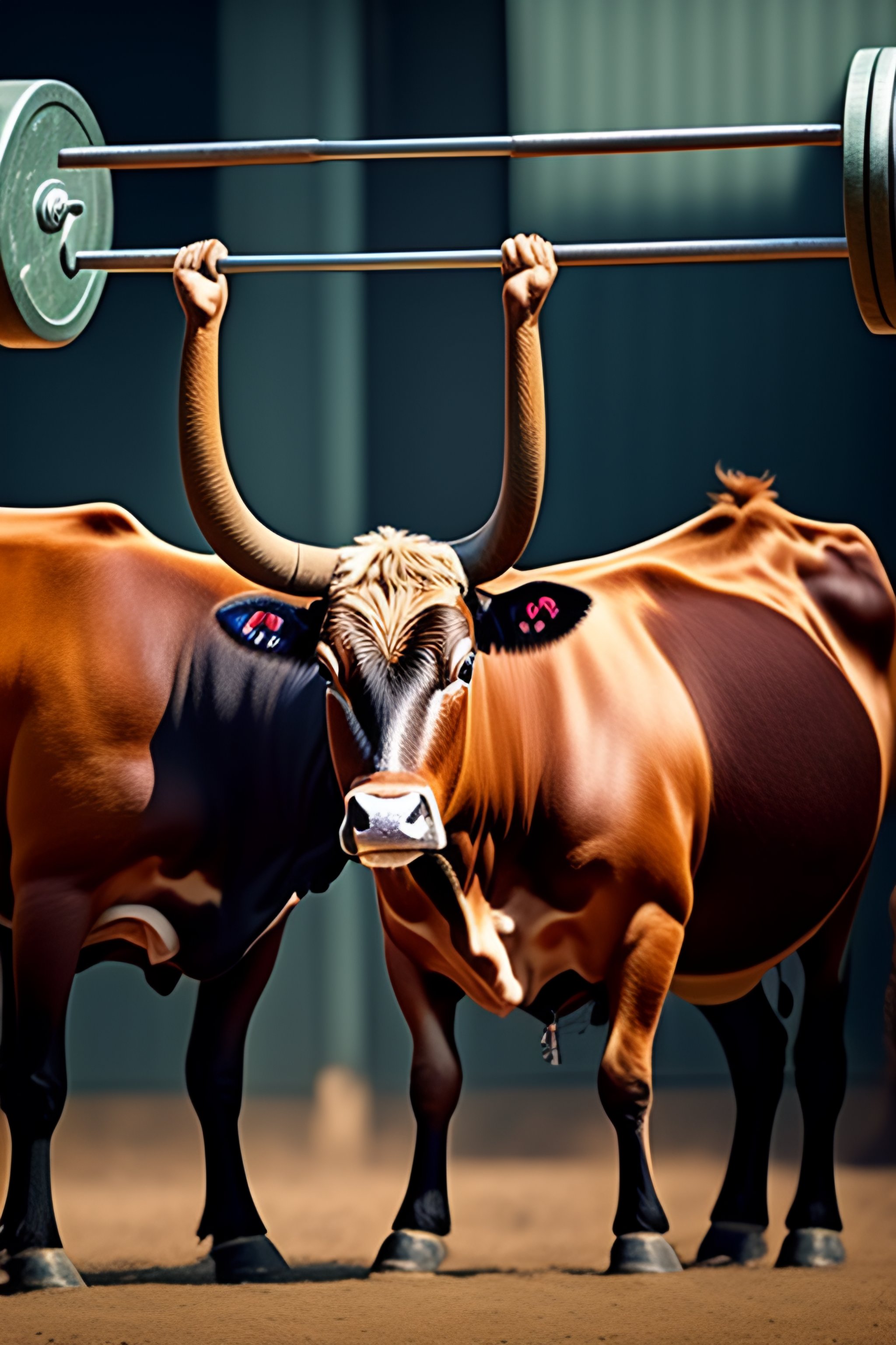 Lexica - I need a picture of a cow lifting weights, where its friends ...