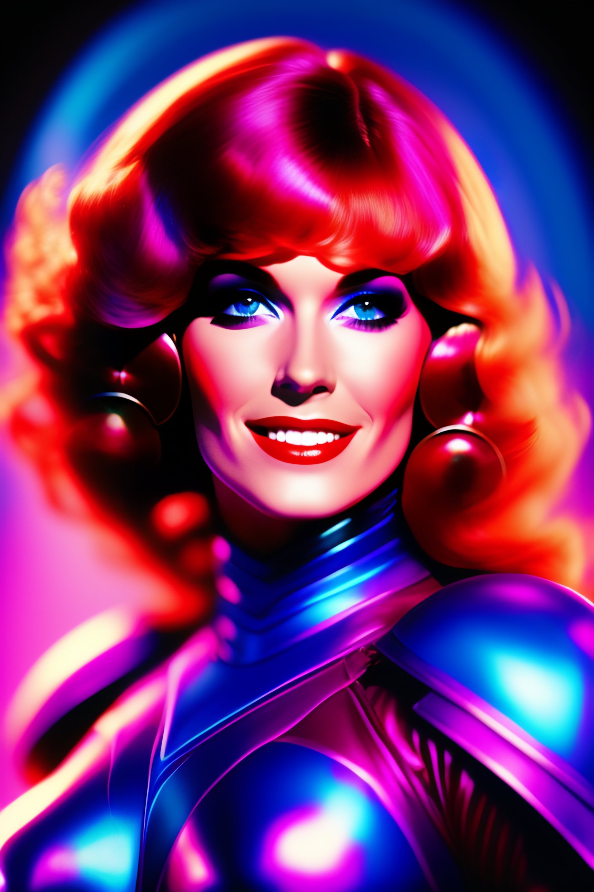 Lexica - Metroid woman smiling, BLUE and magenta colors background, in ...