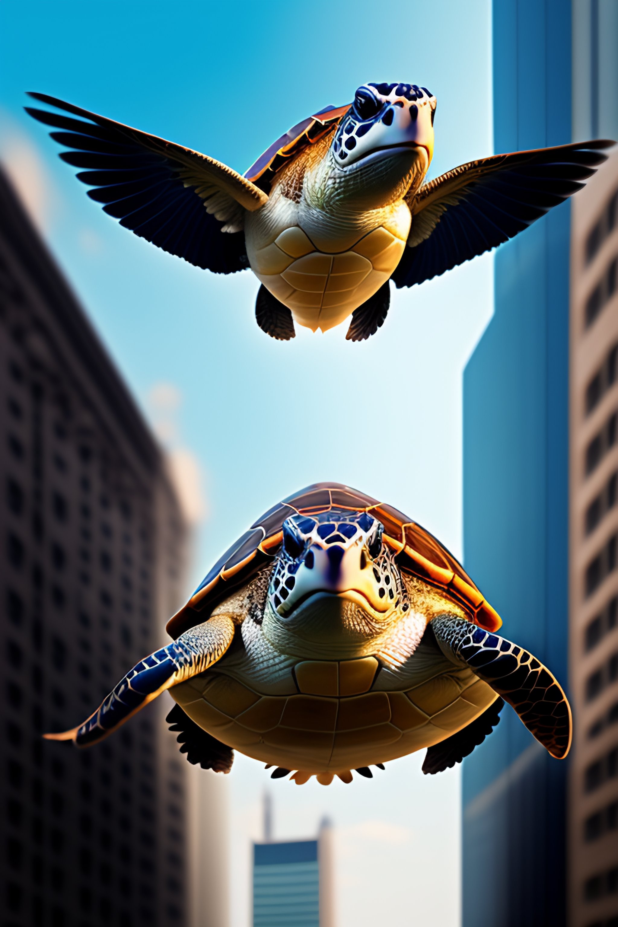Lexica - Turtle with large wings flying over buildings