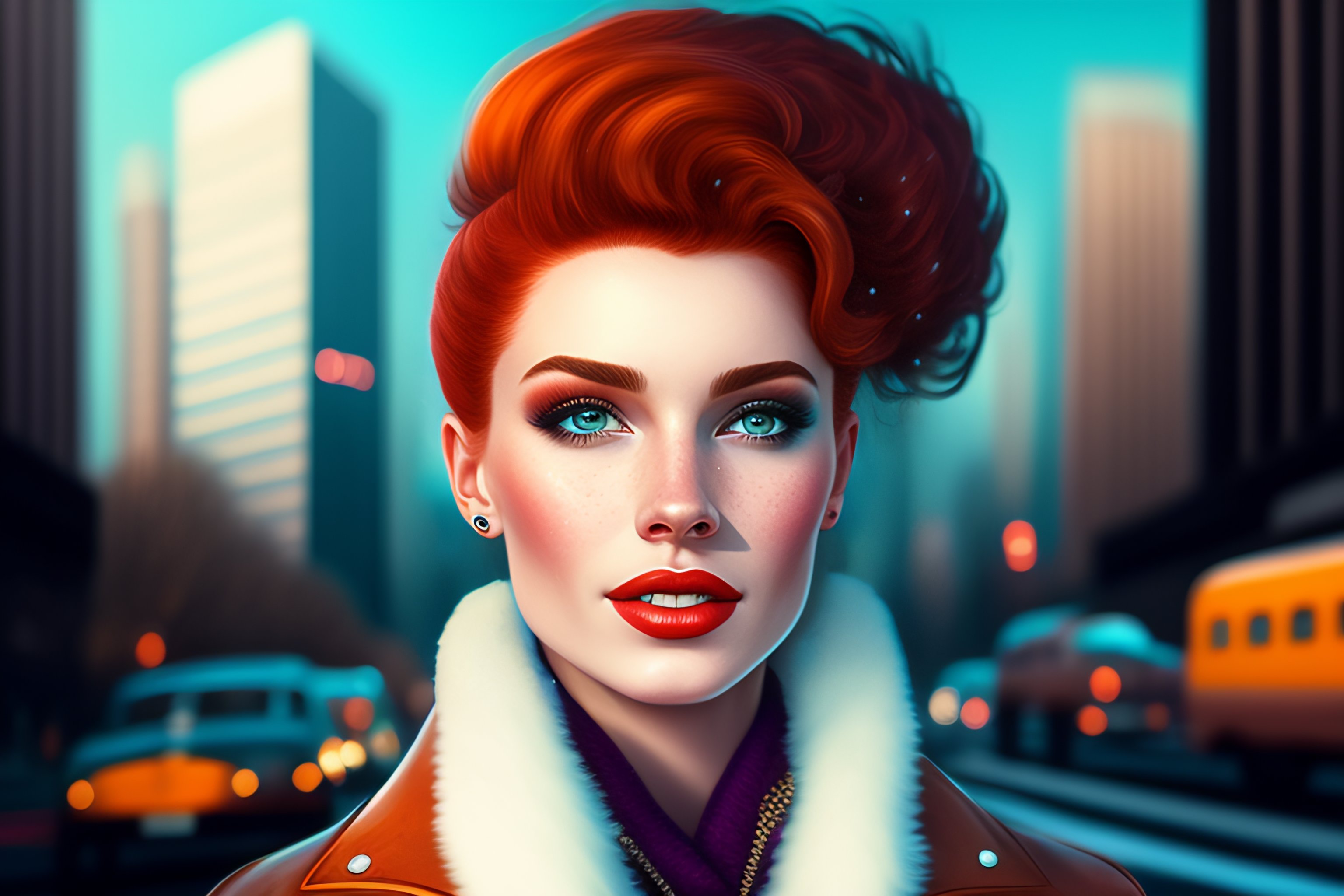 Lexica - Сute punk rock girl, 50s style, leather jacket, fur collar ...