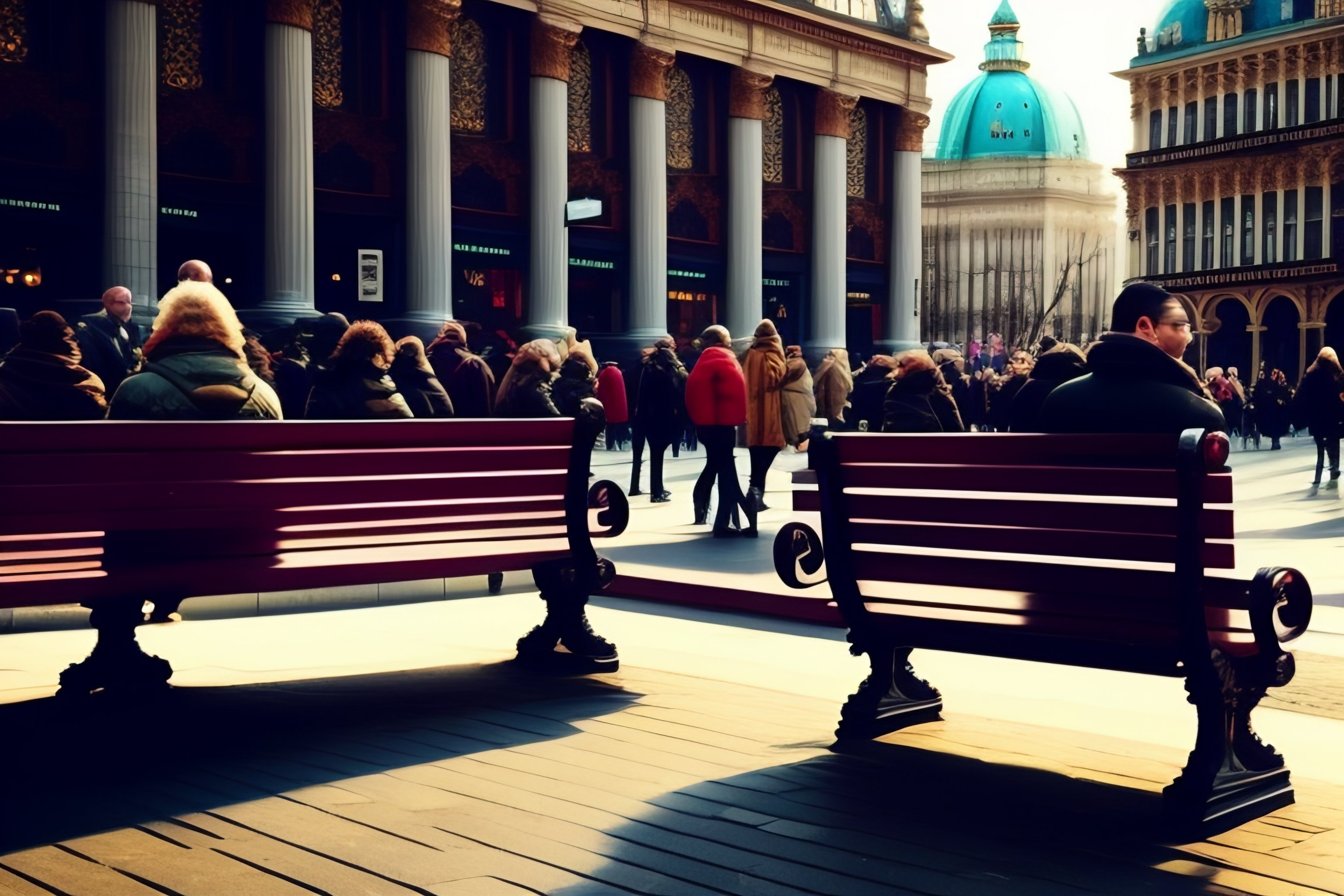 Lexica - A grand, ornate bench in the middle of a bustling city square ...