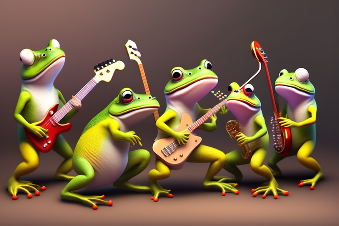 Lexica - A music band of frogs. The band has eight members. One plays ...