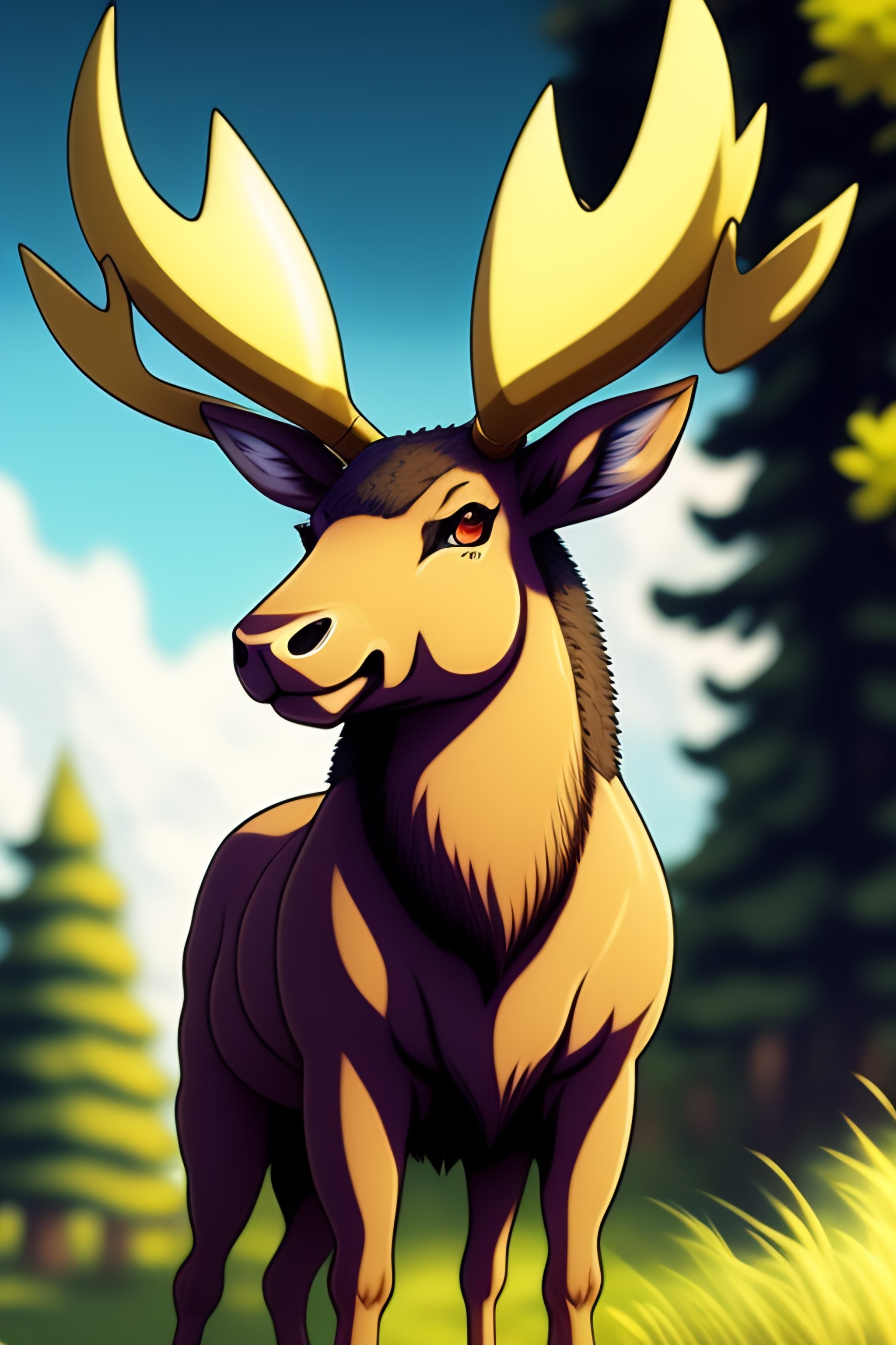 Lexica - Anime illustration of a Pokemon Green Adult Moose with Large Horns