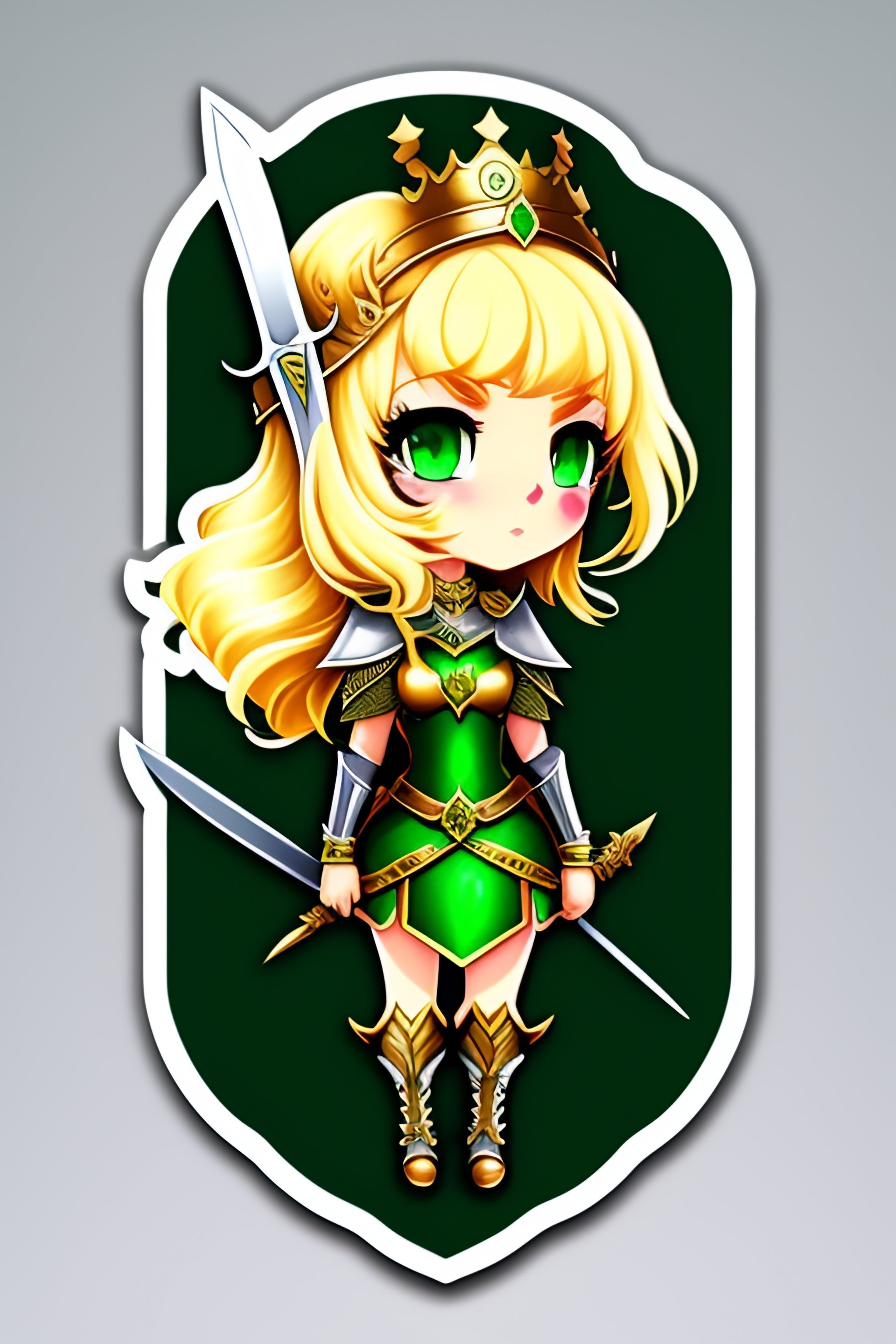 Lexica - Cute chibi blonde, Green eyes, woman With a crown, sword ...