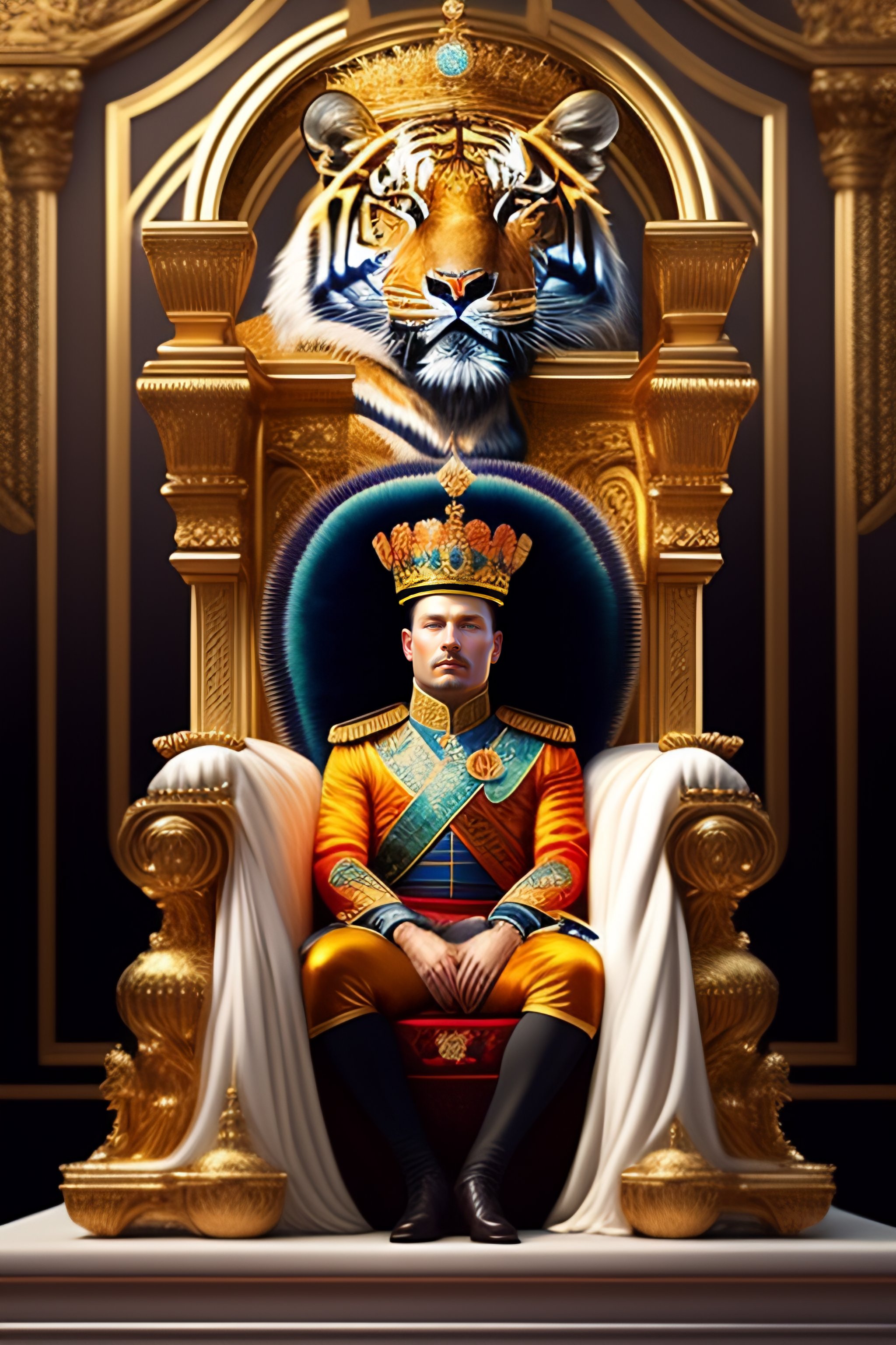 Lexica - Renascentist king on palace seatted on throne with a tiger and ...