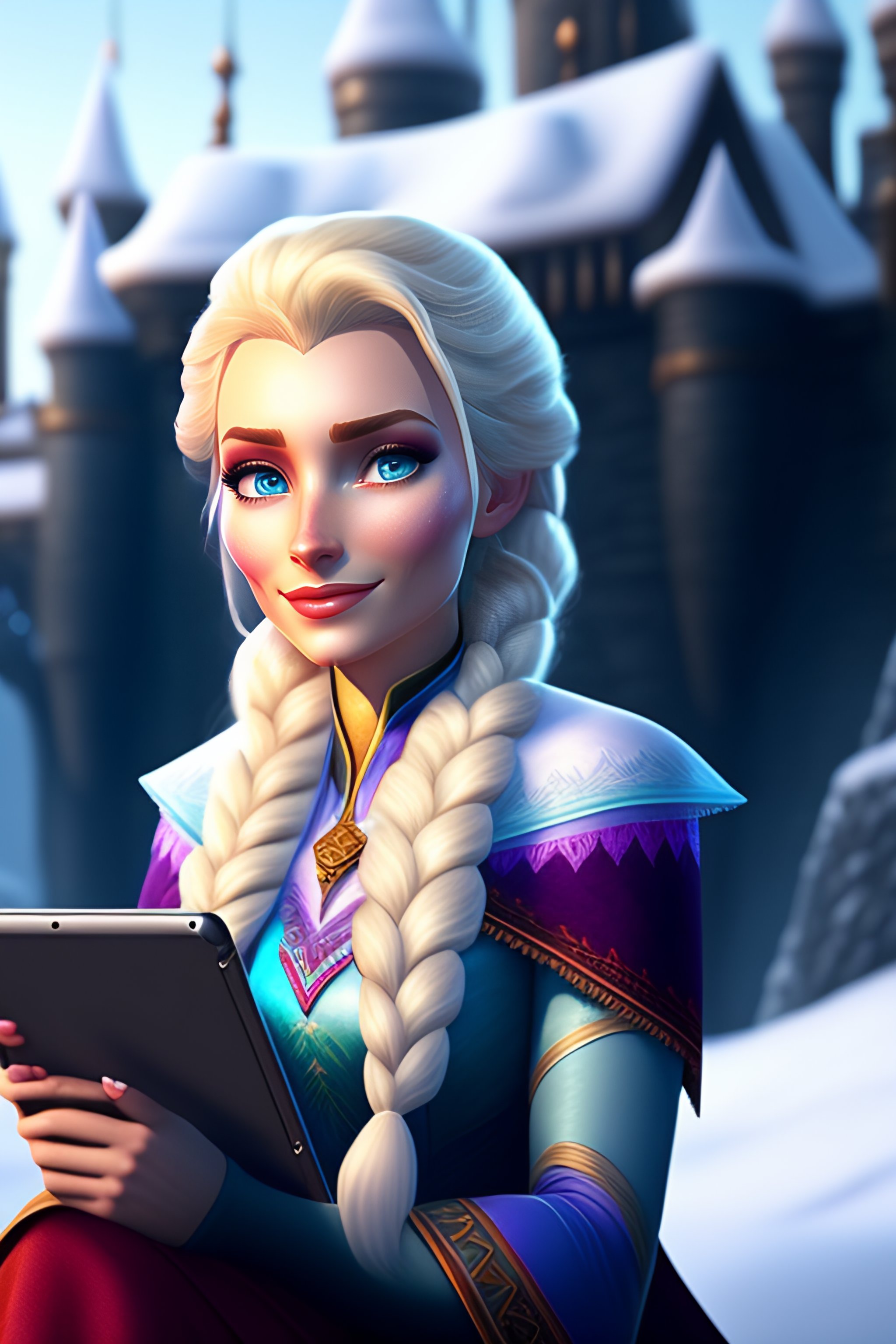 Lexica - Elsa of frozen working on a tablet and sitting in the front of ...