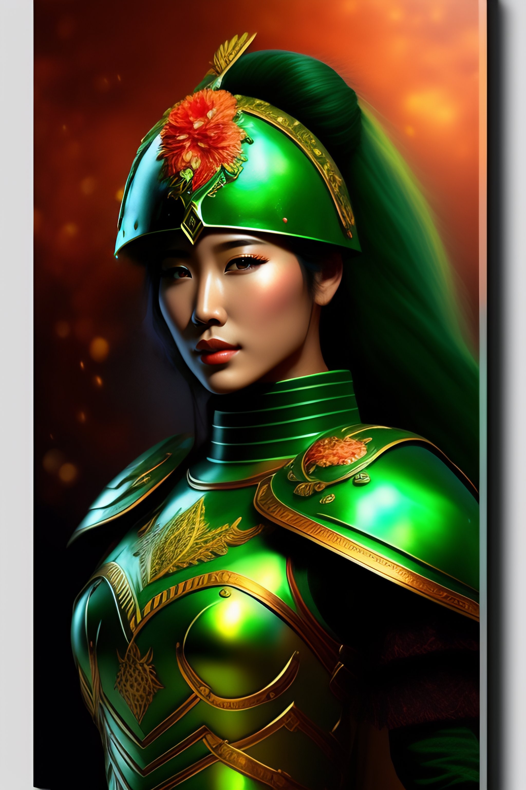 Lexica - Beautiful youthful female warrior, flower ornamented green ...