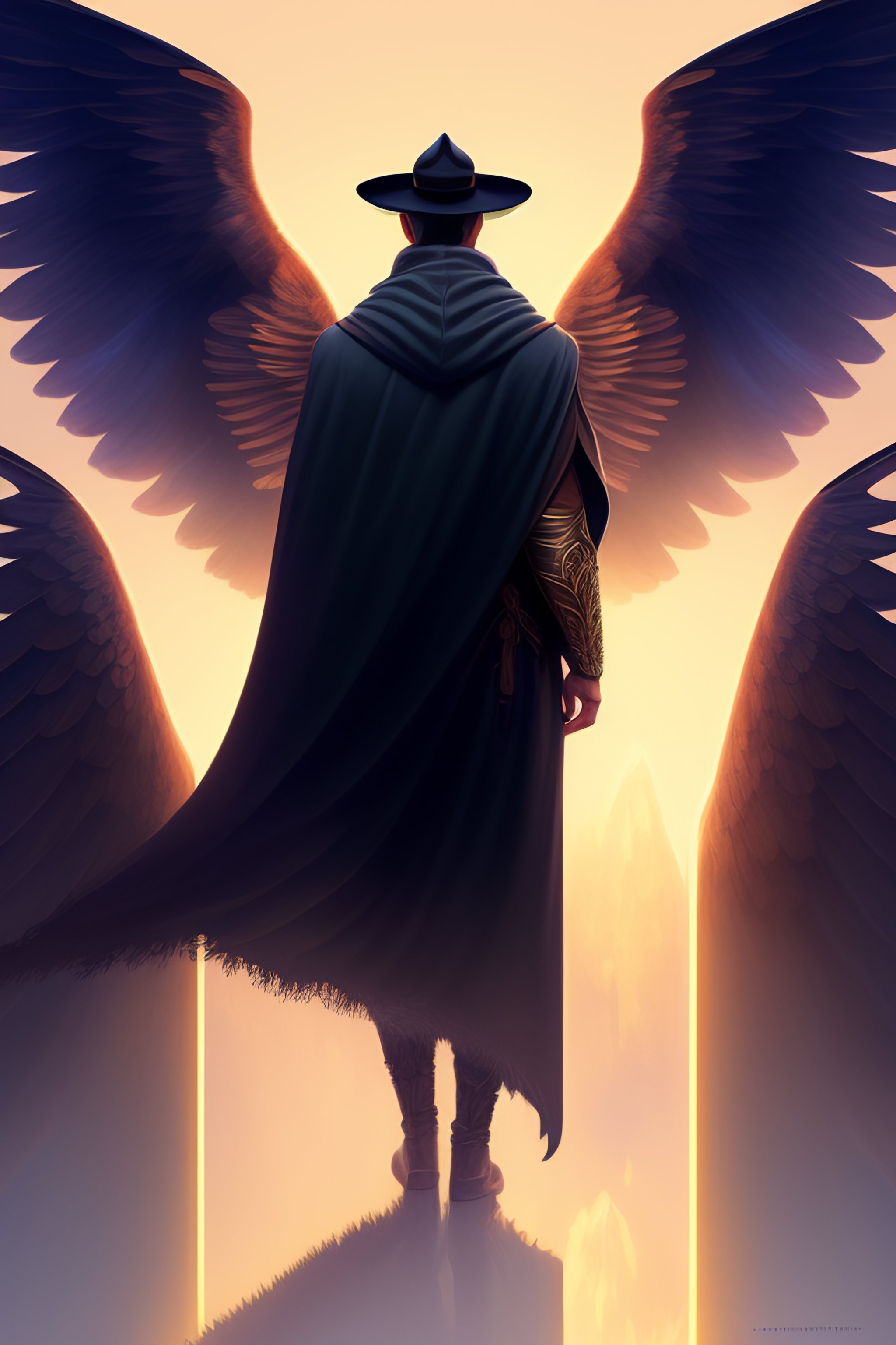 Lexica - A man with a hat and cloak standing in the light of a pillar ...