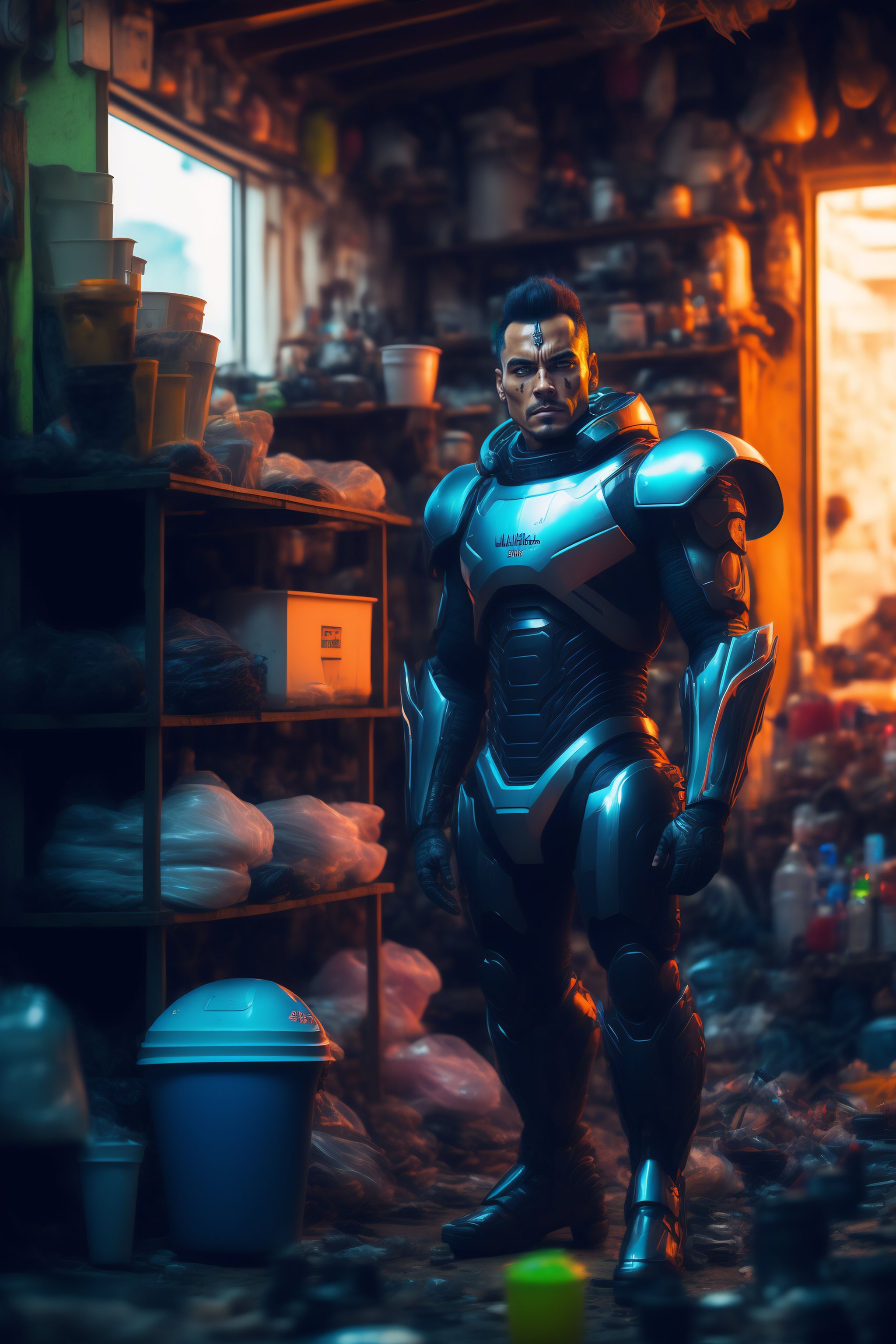 Lexica - Wide angle Environmental shot of evil Cyborg in a cluttered ...