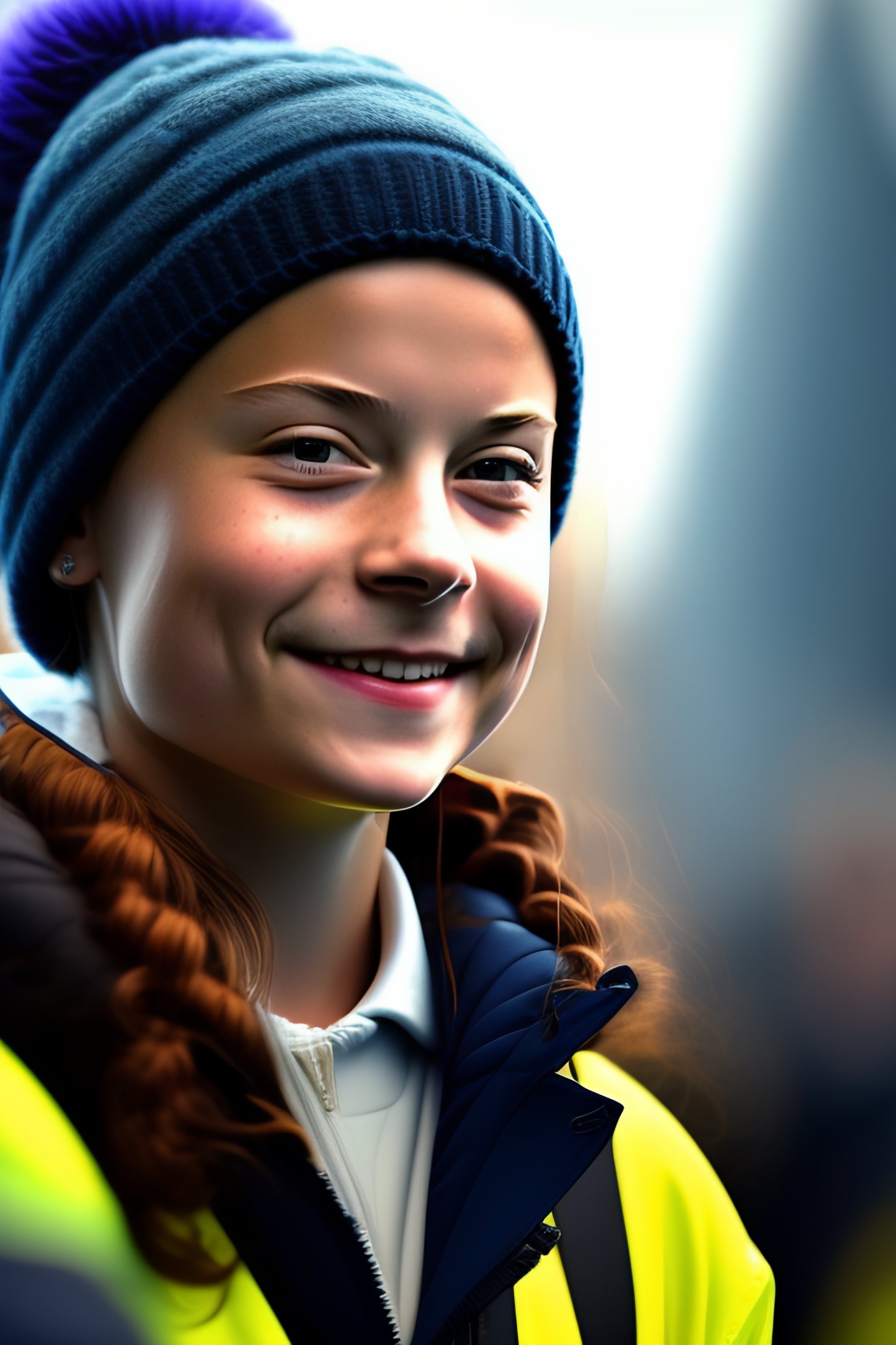 Lexica - Smiling greta thunberg with a factory with smoke